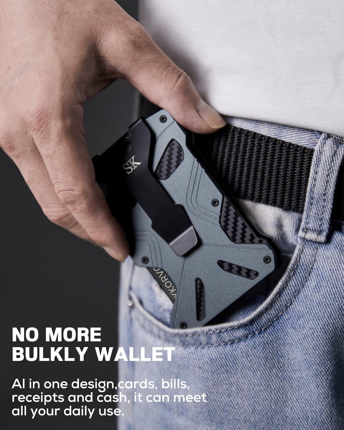 Sykorvon Minimalist Wallet for Men Slim Metal Wallet with Money Clip, RFID Blocking Tactical Carbon Fiber Wallet Card Holder with ID Window