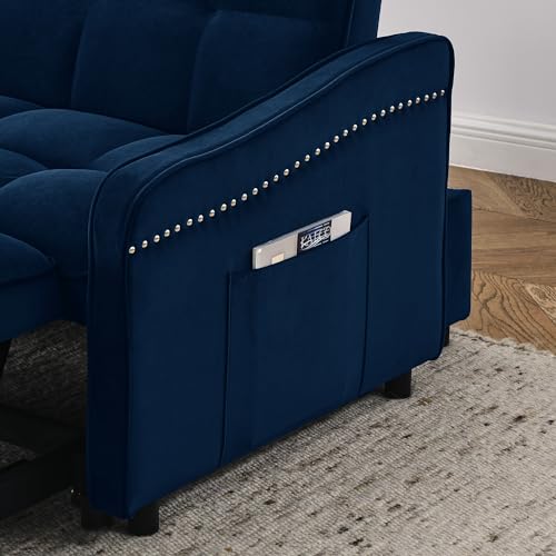 Convertible Pull Out Sleeper Sofa Bed,Multi-Functional Adjustable Single Couch Chair,Velvet Upholstered Chaise Lounge Loveseat Sofá Daybed,Sofacama with Two Arm Pocket,Type C,USB Charging,Copper Nail