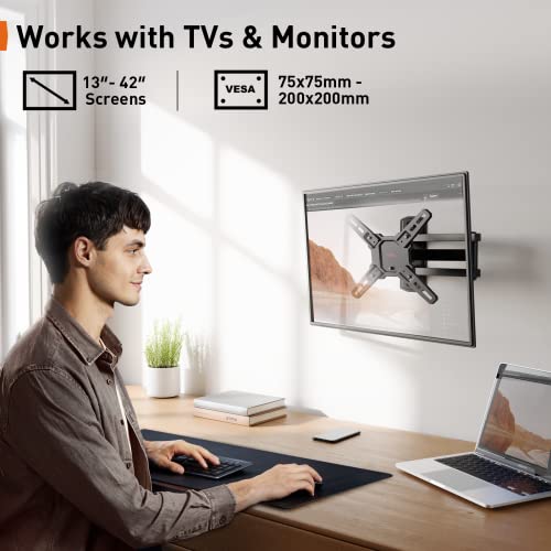 Perlegear TV Wall Mount for 13-42 inch Flat or Curved TVs & Monitors up to 55 lbs, Full Motion TV Wall Mount with Articulating Arm, Swivel Corner TV Wall Mount, Max VESA 200x200mm, PGSF6