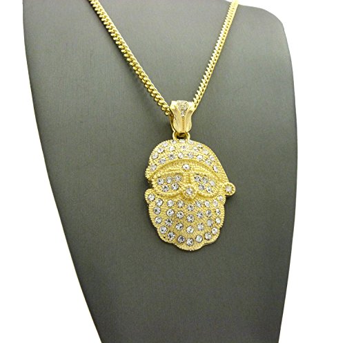 Fashion 21 Iced Out Santa Face Inspired Pendant 24" Various Chain Necklace in Gold Color Plated (4mm 24" Cuban Chain)