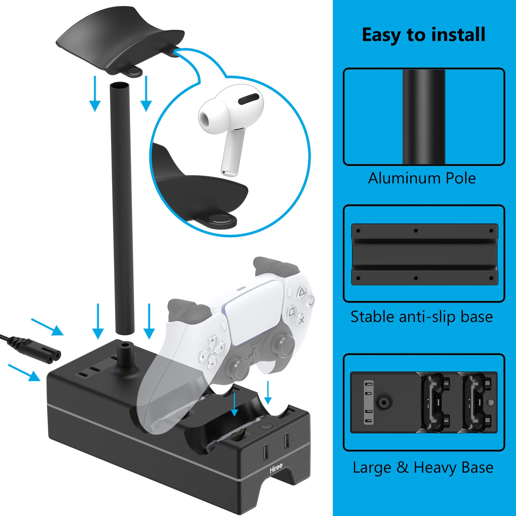 PS5 Controller Charger with USB Charging Ports and AC Outlets, RGB DualSense Charging Station Dock for Dual Ps 5 Controller with Headset Holder