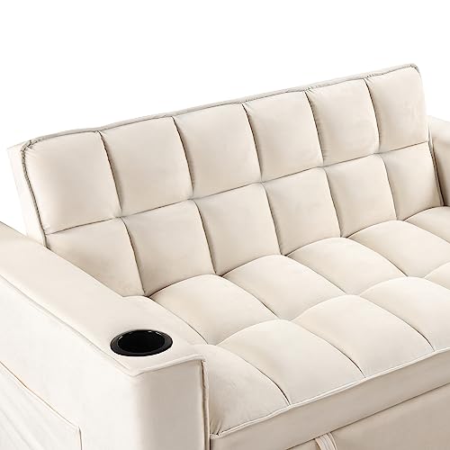 Verfur 3 in 1 Multi-Functional Futon Couch Pull Out Sleep, 2 Seater Convertible Loveseats Sofa with Adjustable Backrest,Comfy Upholstery Sofacama Sofabed, White 55.3" w/Cupholders and USB Charge Ports