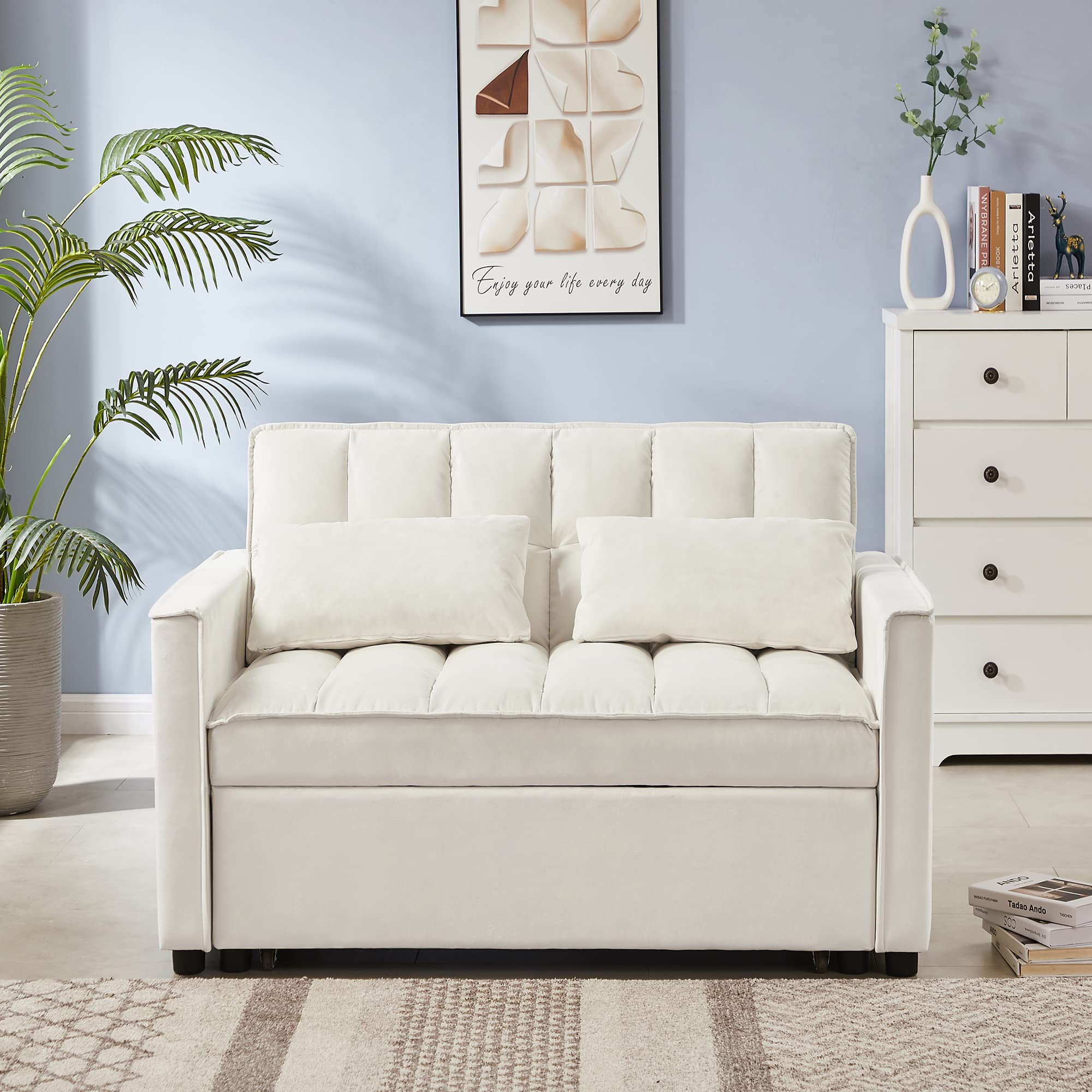 Lepfun 3 in 1 Convertible Sleeper Sofa Couch with Pull Out Bed, Small Futon Loveseat Lounge Chaise with Reclining Backrest and Armrest, Upholstered Love Seats Sofabed, Off White Velvet