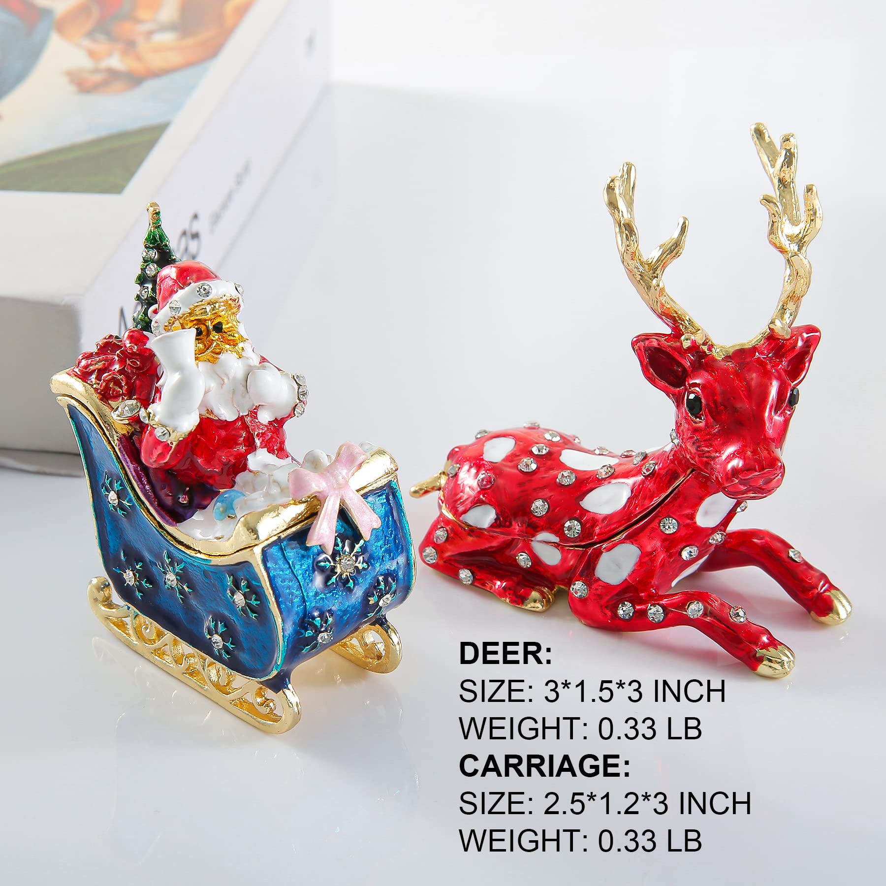 Ingbear Red Sika Deer & Santa Claus Figurine Hinged Trinket Boxes, Unique Gift for Thanksgiving Day & Christmas Day, Hand-Plated Enameled Jewelry Box, Animals Ornaments for Home Décor