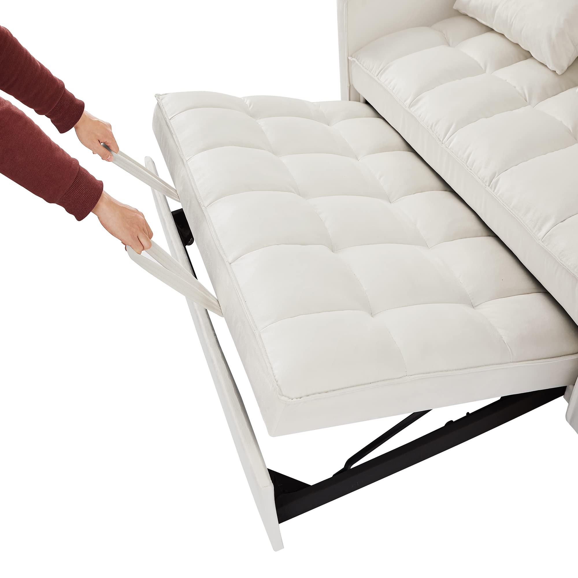 Lepfun 3 in 1 Convertible Sleeper Sofa Couch with Pull Out Bed, Small Futon Loveseat Lounge Chaise with Reclining Backrest and Armrest, Upholstered Love Seats Sofabed, Off White Velvet