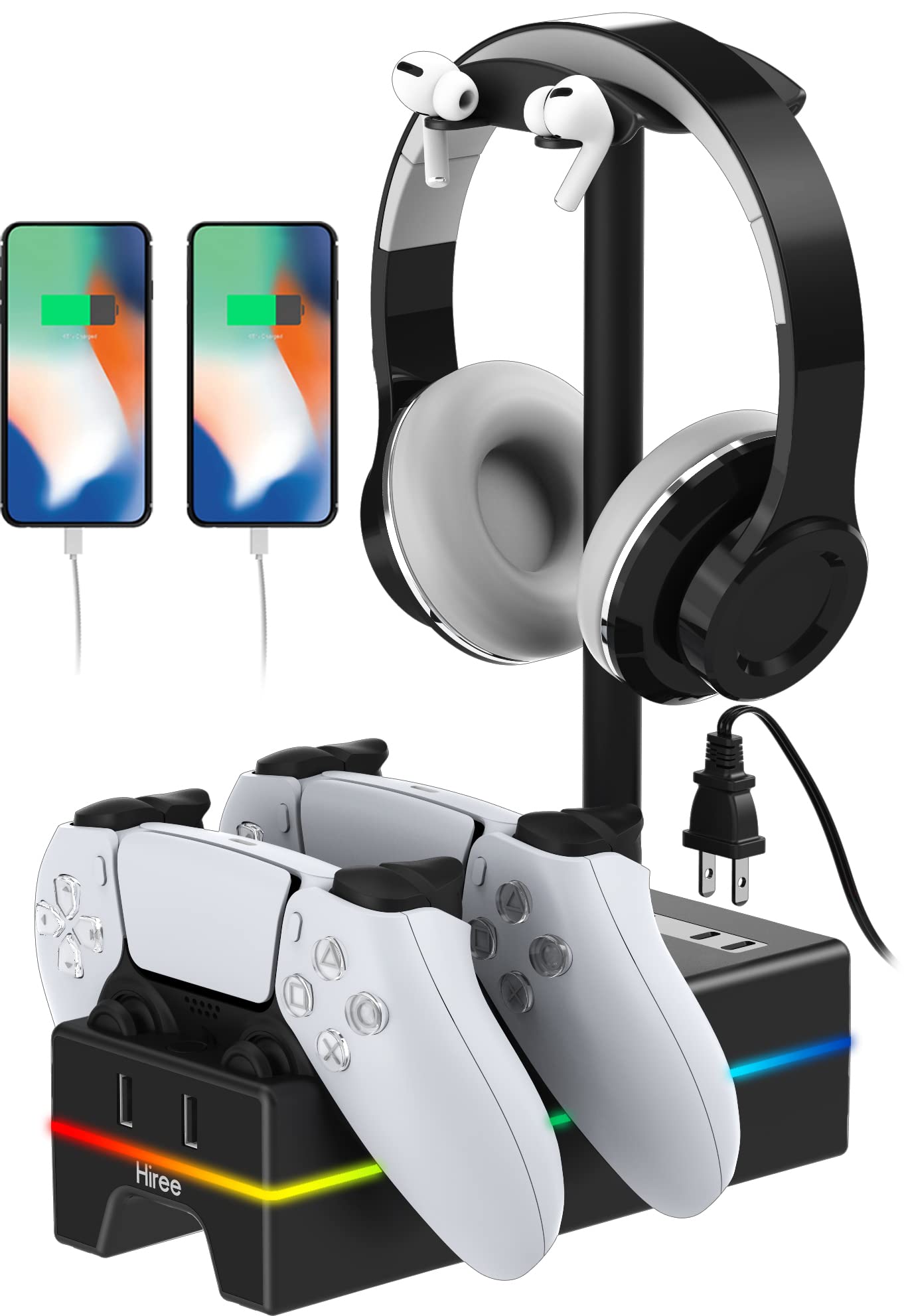 PS5 Controller Charger with USB Charging Ports and AC Outlets, RGB DualSense Charging Station Dock for Dual Ps 5 Controller with Headset Holder