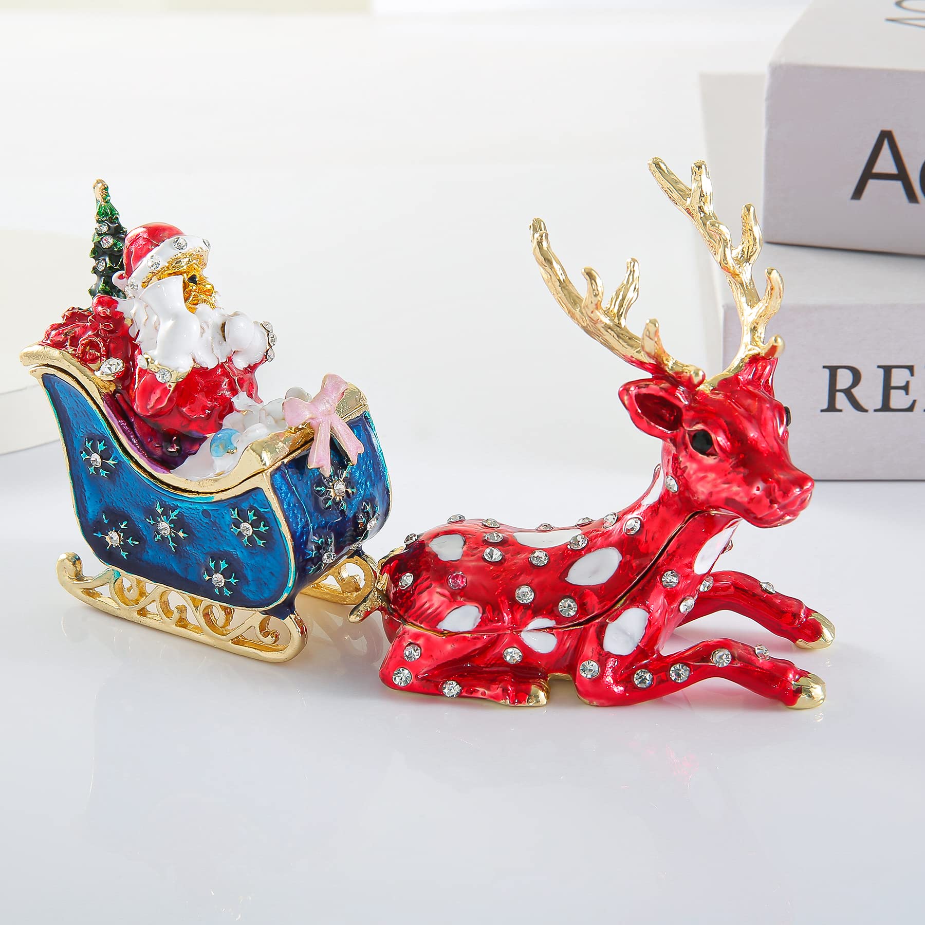 Ingbear Red Sika Deer & Santa Claus Figurine Hinged Trinket Boxes, Unique Gift for Thanksgiving Day & Christmas Day, Hand-Plated Enameled Jewelry Box, Animals Ornaments for Home Décor