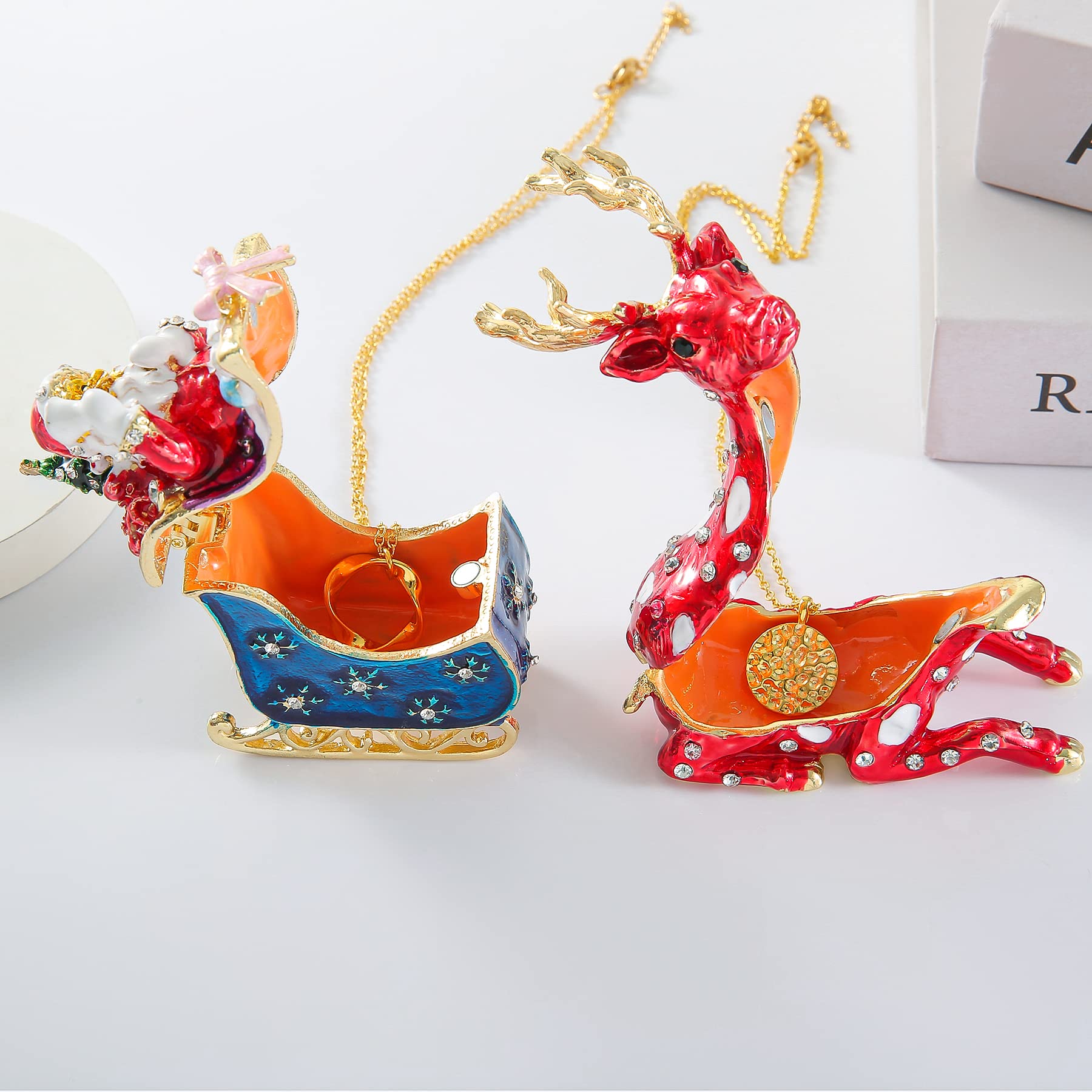 Ingbear Red Sika Deer & Santa Claus Figurine Hinged Trinket Boxes, Unique Gift for Thanksgiving Day & Christmas Day, Hand-Plated Enameled Jewelry Box, Animals Ornaments for Home Décor
