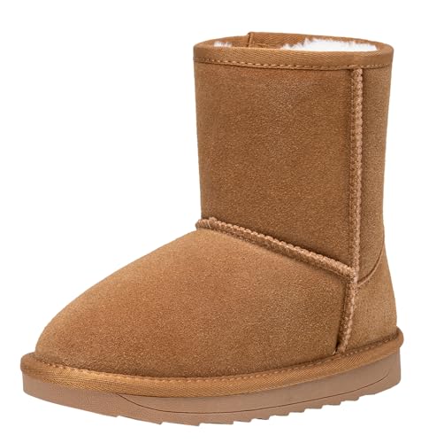 Vepose Boy's Girl's Snow Boots Brown Cow Suede Leather Warm Classic Booties for Little Kids Size 3(CTX827 Brown 03)