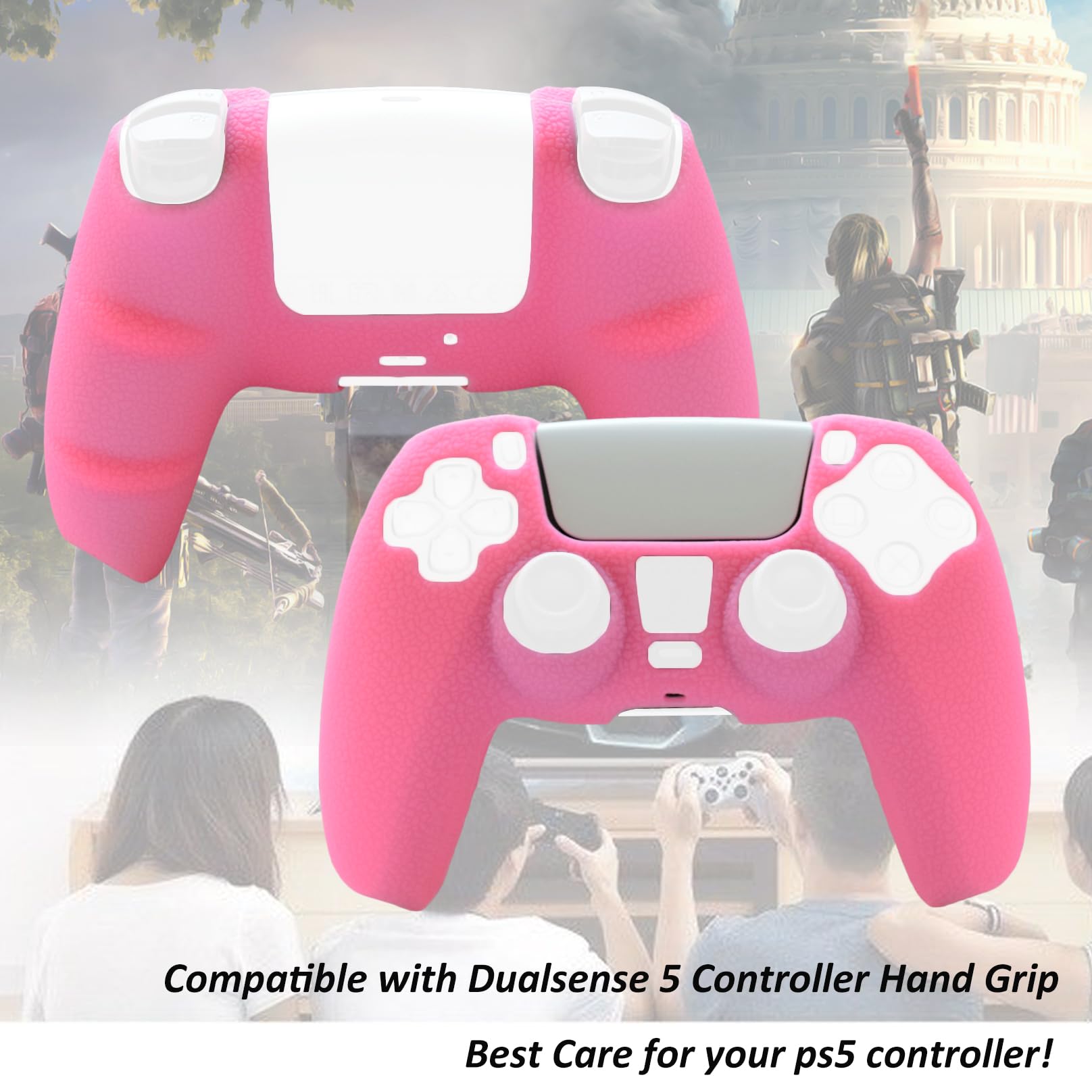 Pandaren PS5 Controller Cover, Texture Pattern PS5 Controller Skin for PS5 Controller Sweat-Proof Anti-Slip Silicone Grips Hand Grip with 8pcs FPS Pro Thumbsticks Cap Protector(Pink)