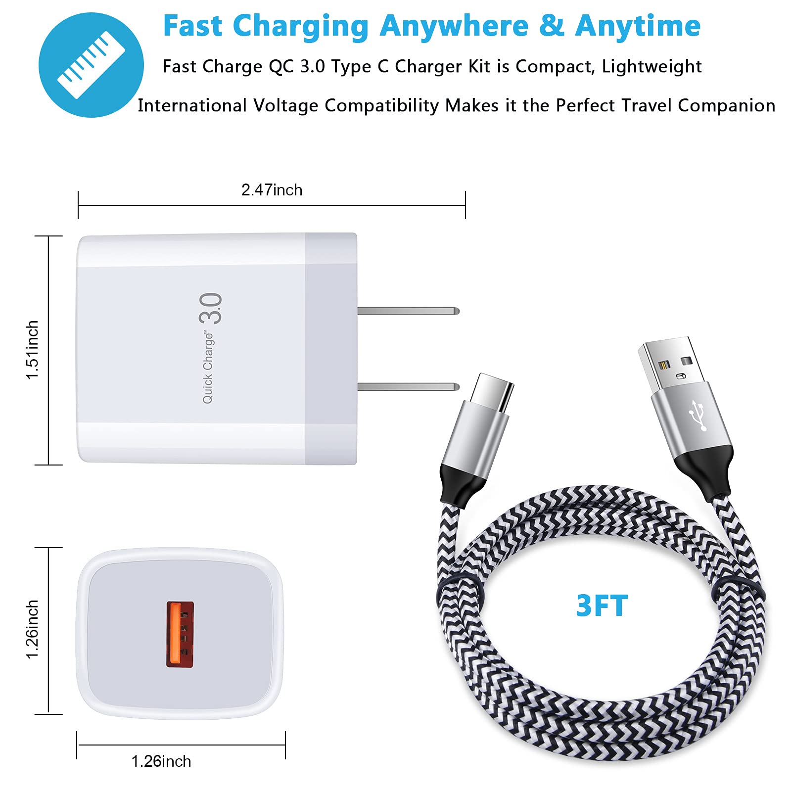 Type C Charger Fast Charging Block Cable 3FT for Samsung Galaxy S23 S22 S21 Ultra S20 A53 A13 A02S A12 A32 A20 S10,LG Stylo 6 5 K51 V60 ThinQ,Moto G Stylus/G Power/G Play,Quick Charge 3.0 Wall Charger