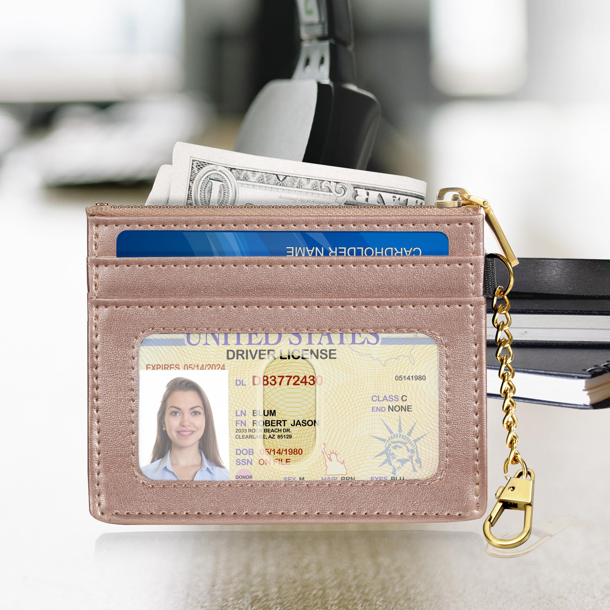 SEAVILIA Card Holder Keychain Wallet for Women with ID Window RFID Coin Purse Bee Gifts Slim Minimalist Small Wallet