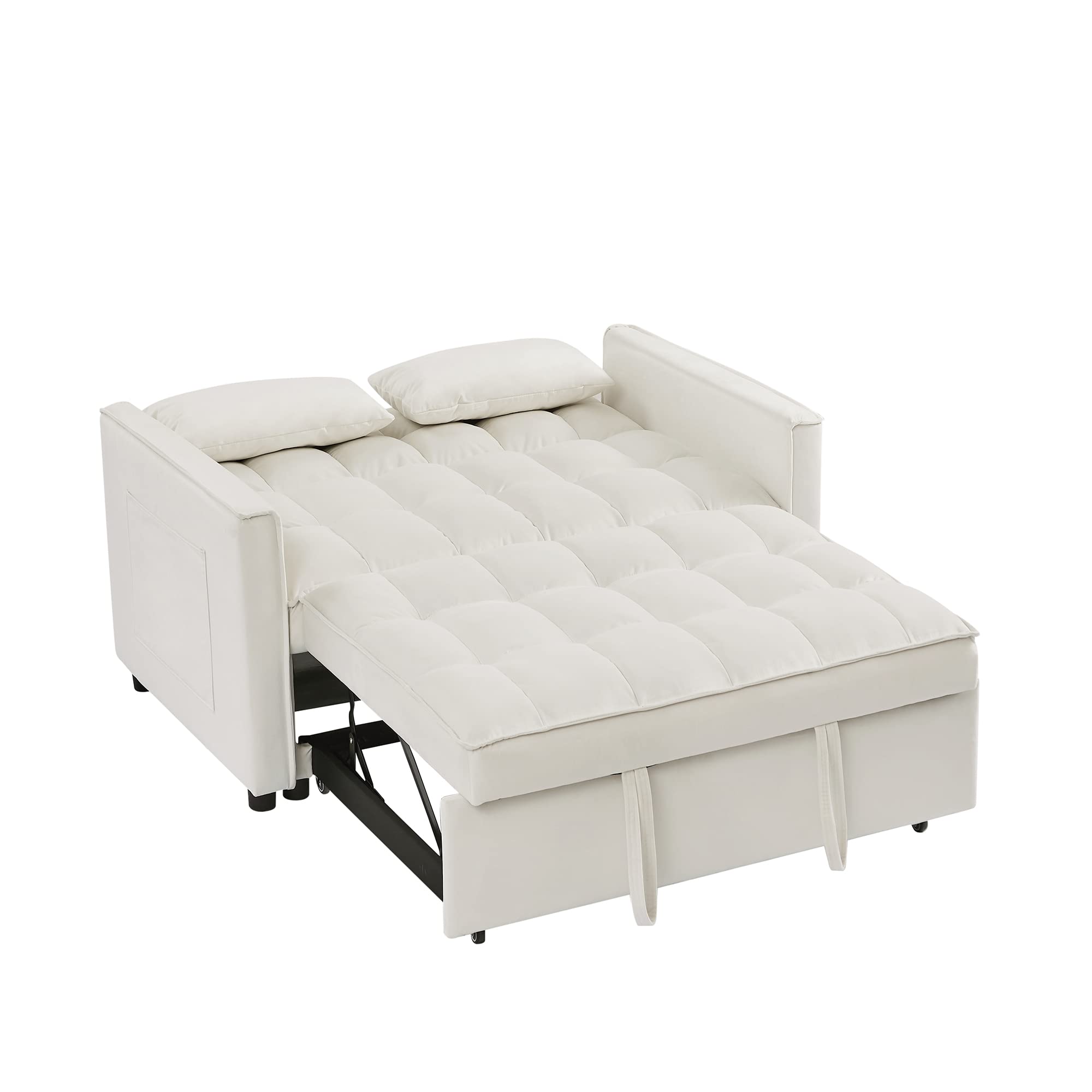 Lepfun 3 in 1 Convertible Sleeper Sofa Couch with Pull Out Bed, Small Futon Loveseat Lounge Chaise with Reclining Backrest and Armrest, Upholstered Love Seats Sofabed, Off White Velvet