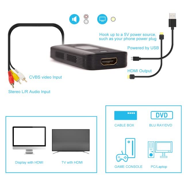 BD&M RCA to HDMI Converter, Composite to HDMI Adapter, Male AV to HDMI Converter Support 1080P PAL/NTSC Compatible with PS one, PS2, PS3, STB, Xbox, VHS, VCR, Blue-Ray DVD Players