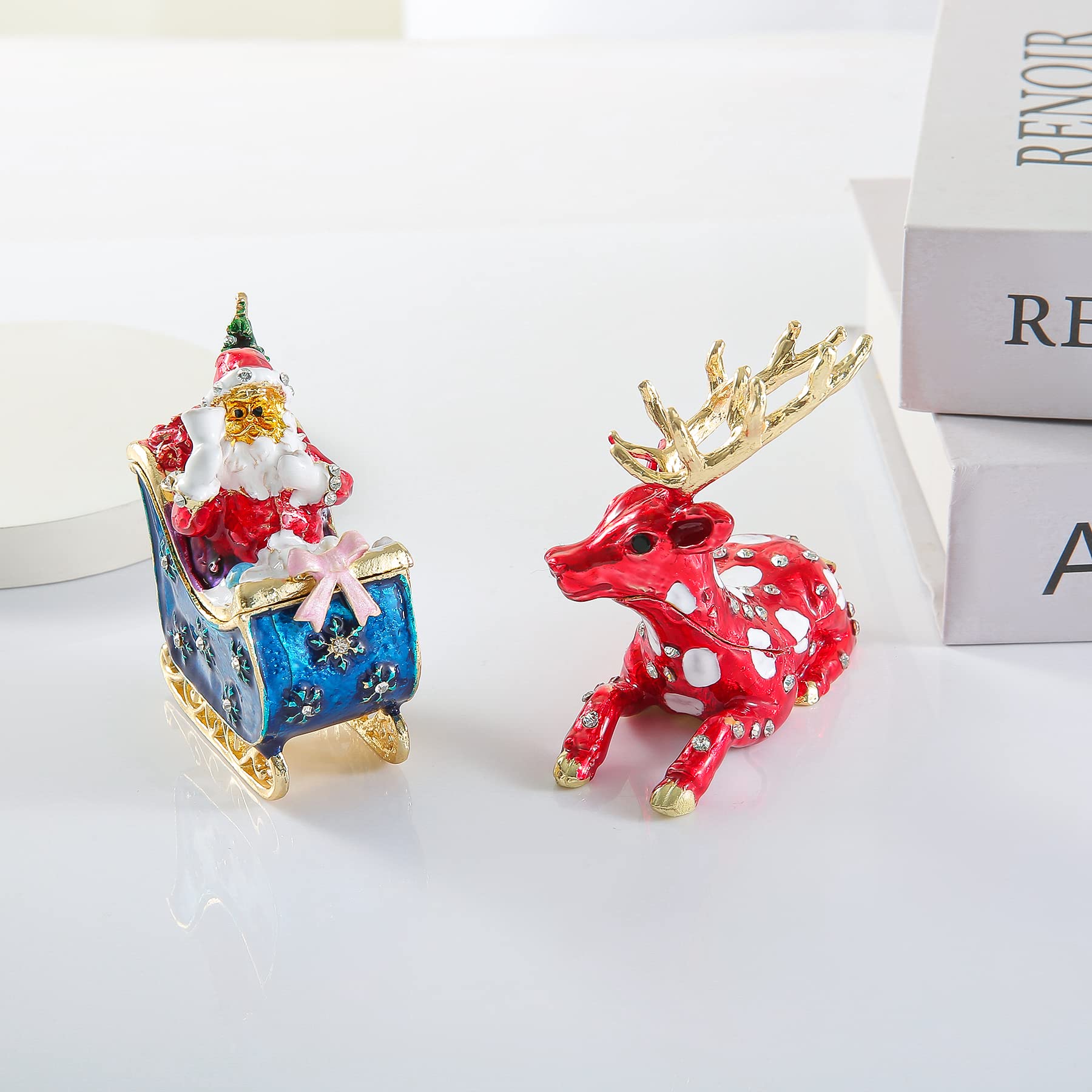 Ingbear Red Sika Deer & Santa Claus Figurine Hinged Trinket Boxes, Unique Gift for Thanksgiving Day & Christmas Day, Hand-Plated Enameled Jewelry Box, Animals Ornaments for Home Décor