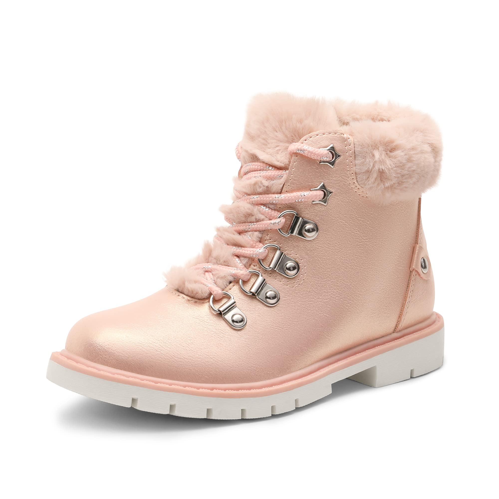 DREAM PAIRS Girls Kids Side Zipper Lace up Faux Fur Ankle Boots,Size 12 Little Kid,Pink/PU,SDBO213K
