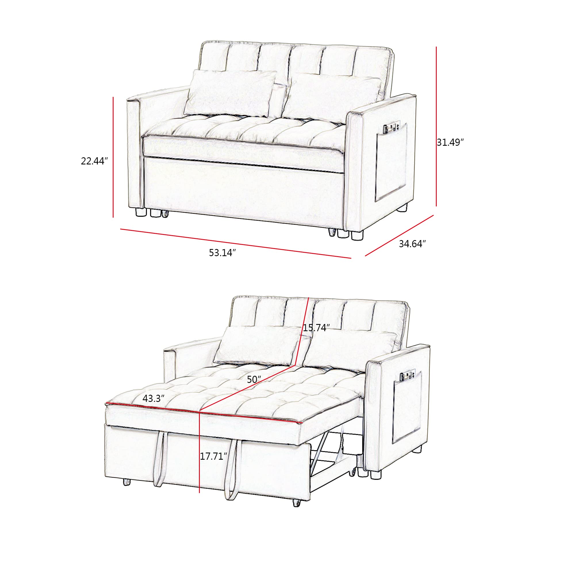 Lepfun 3 in 1 Convertible Sleeper Sofa Couch with Pull Out Bed, Small Futon Loveseat Lounge Chaise with Reclining Backrest and Armrest, Upholstered Love Seats Sofabed, Off White Velvet