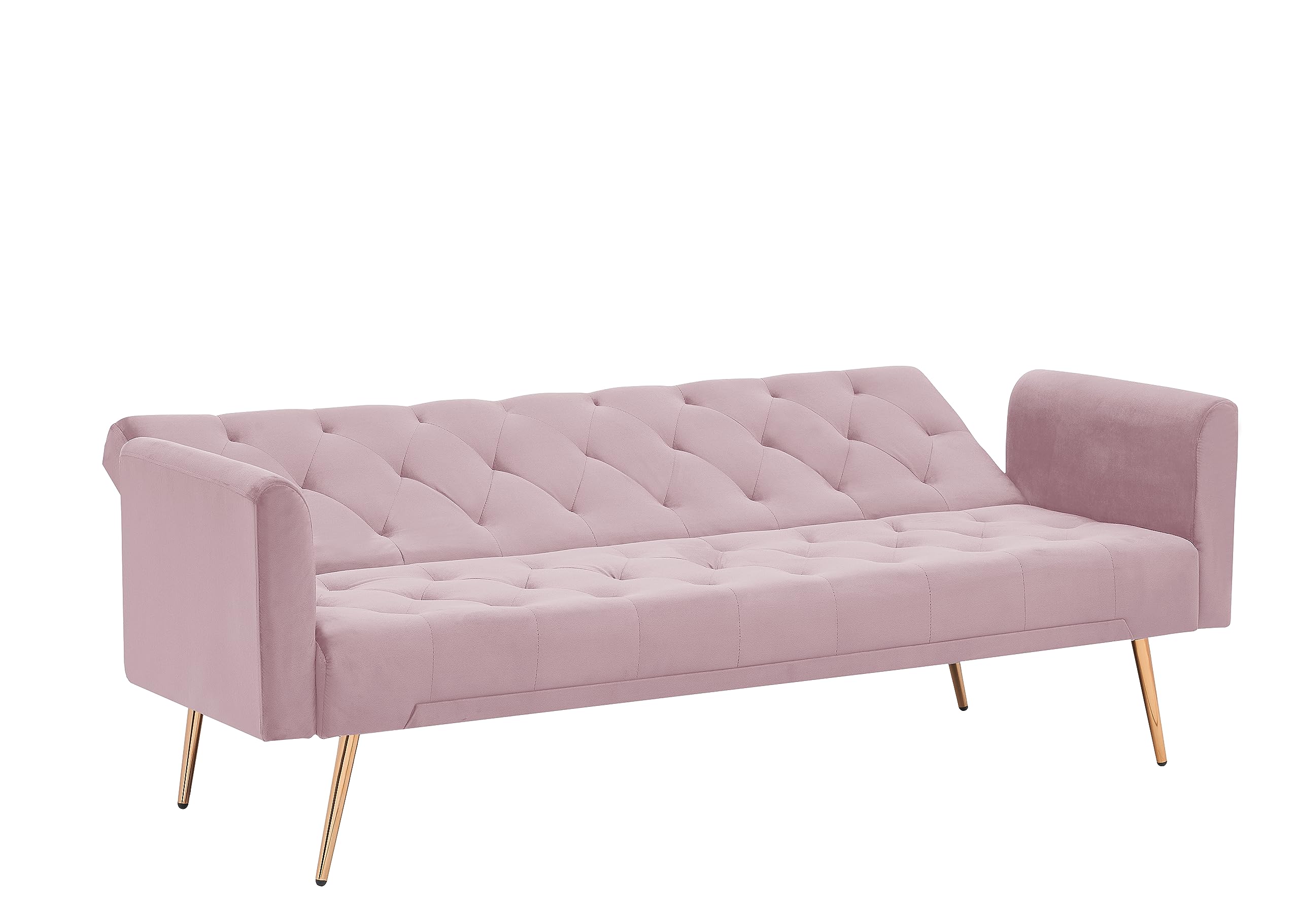 Eafurn Comfy Velvet Upholstered Futon Foldable Daybed Bed for Sleep Overs, Convertible Sleeper Loveseat with 2 Pillows, 71" Tufted Sofa & Couches with Golden Metal Legs for Compact Living Space, Pink