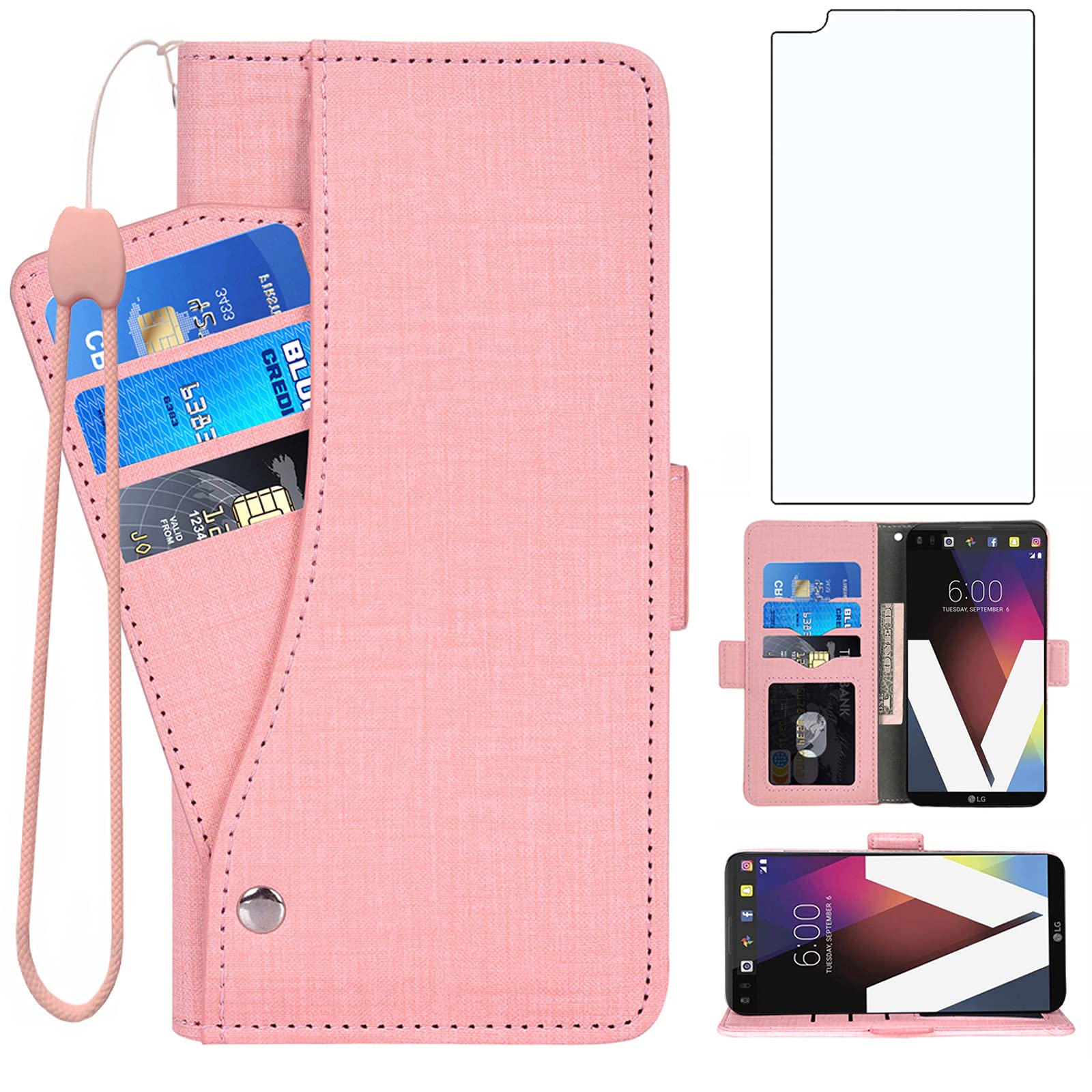 Asuwish Compatible with LG V20 Wallet Case Tempered Glass Screen Protector and Leather Flip Cover Card Holder Stand Magnetic Cell Accessories Phone Cases for LGV20 LG20 V 20 Boys Girls Women Men Pink