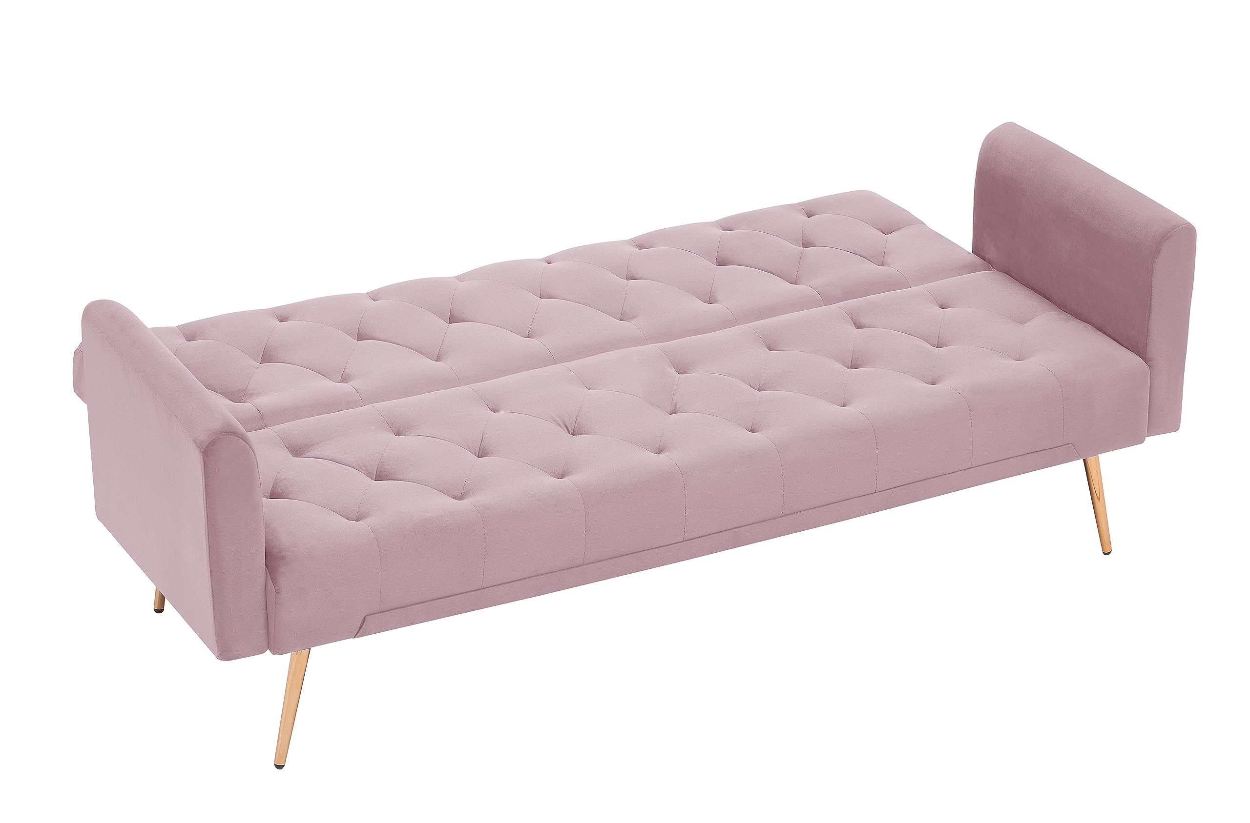 Eafurn Comfy Velvet Upholstered Futon Foldable Daybed Bed for Sleep Overs, Convertible Sleeper Loveseat with 2 Pillows, 71" Tufted Sofa & Couches with Golden Metal Legs for Compact Living Space, Pink