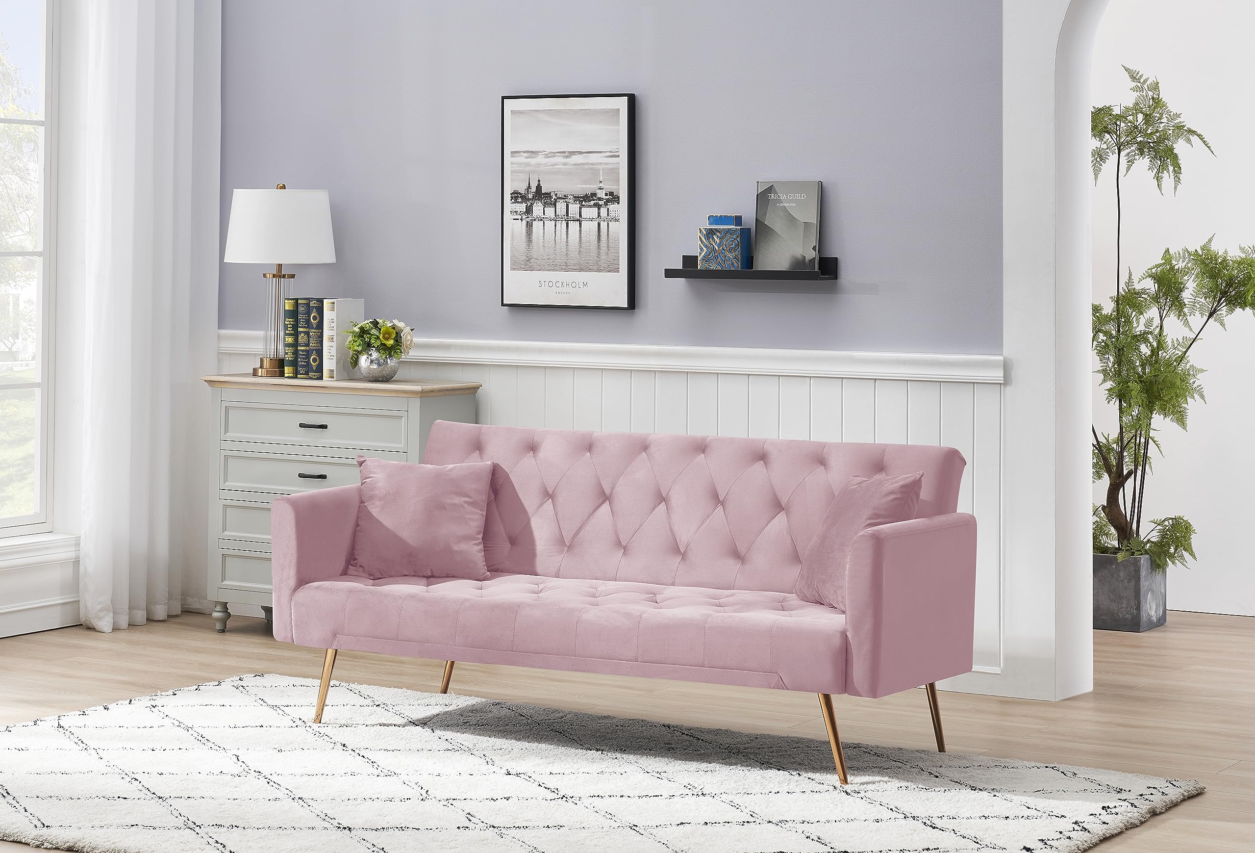 Eafurn Comfy Velvet Upholstered Futon Foldable Daybed Bed for Sleep Overs, Convertible Sleeper Loveseat with 2 Pillows, 71" Tufted Sofa & Couches with Golden Metal Legs for Compact Living Space, Pink