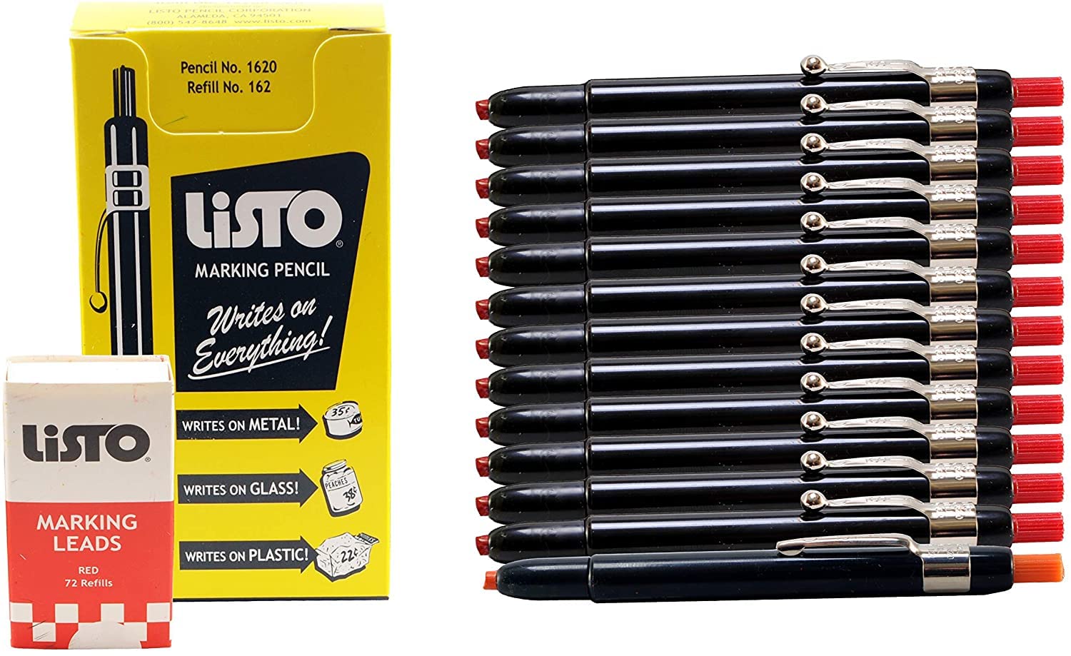 Listo 1620 x 162 Marking Pencil Kit: 12 Pencils, 72 Refills, Orange Included, Red - Grease/China/Wax Pencils