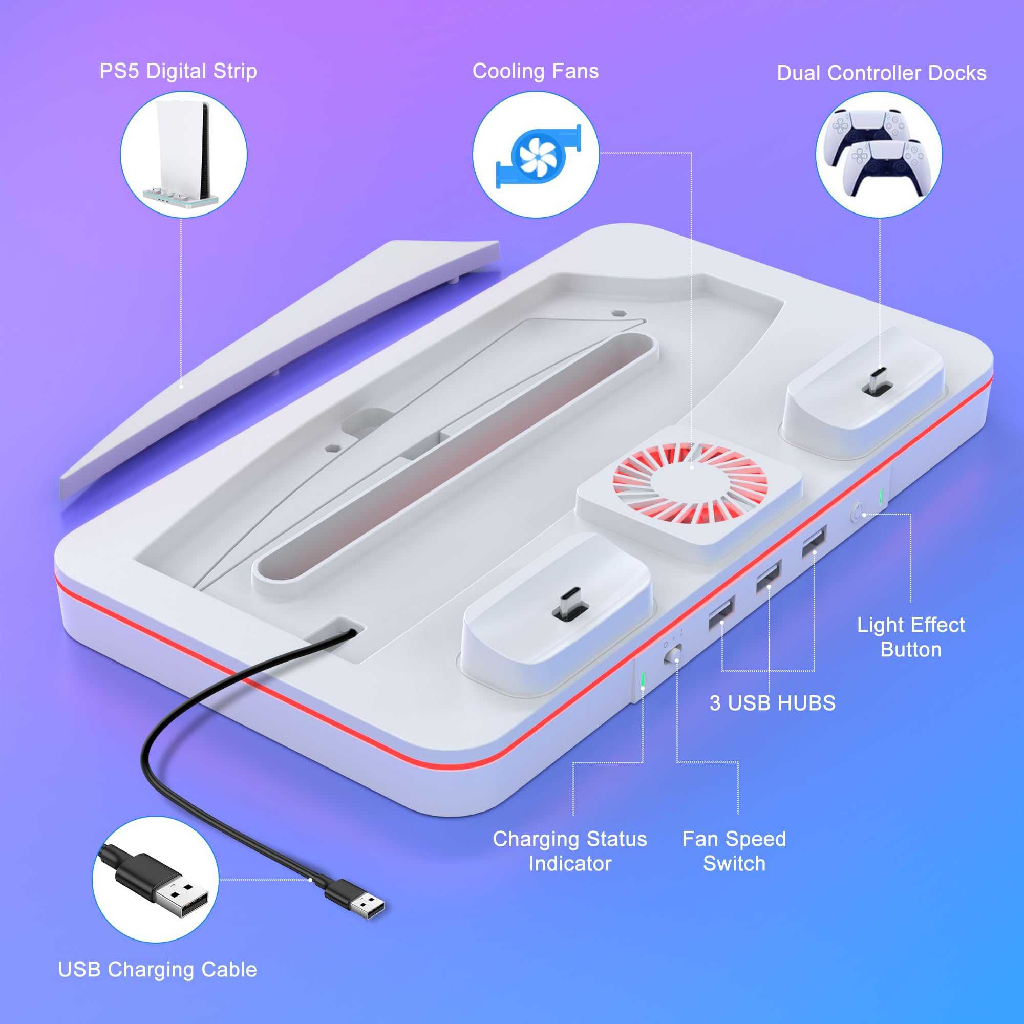 CODOGOY Upgraded PS5 Cooling Stand with Controller Charger, Cooling Station for PS5 Disc & Digital Editions, 2 Levels Adjustable Fans Speed, PS5 Charging Docking Station with 3 USB Ports (White)
