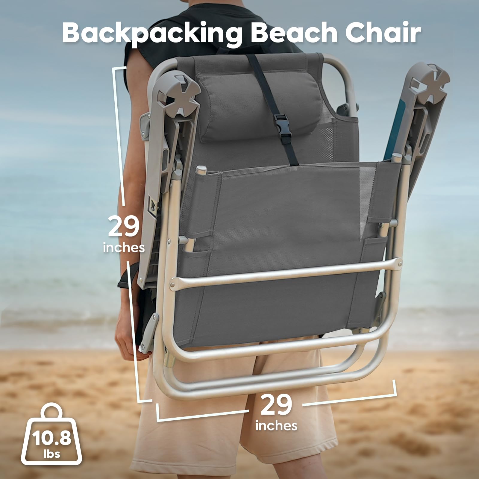 ICECO Backpacking Beach Chairs for Adults, 5 Positions Reclining Beach Chair, Heavy Duty Folding Beach Chairs, Portable Lay Flat Outdoor Chair with Cup Holder for Beach, Camping, Lawn, 350lb Capacity