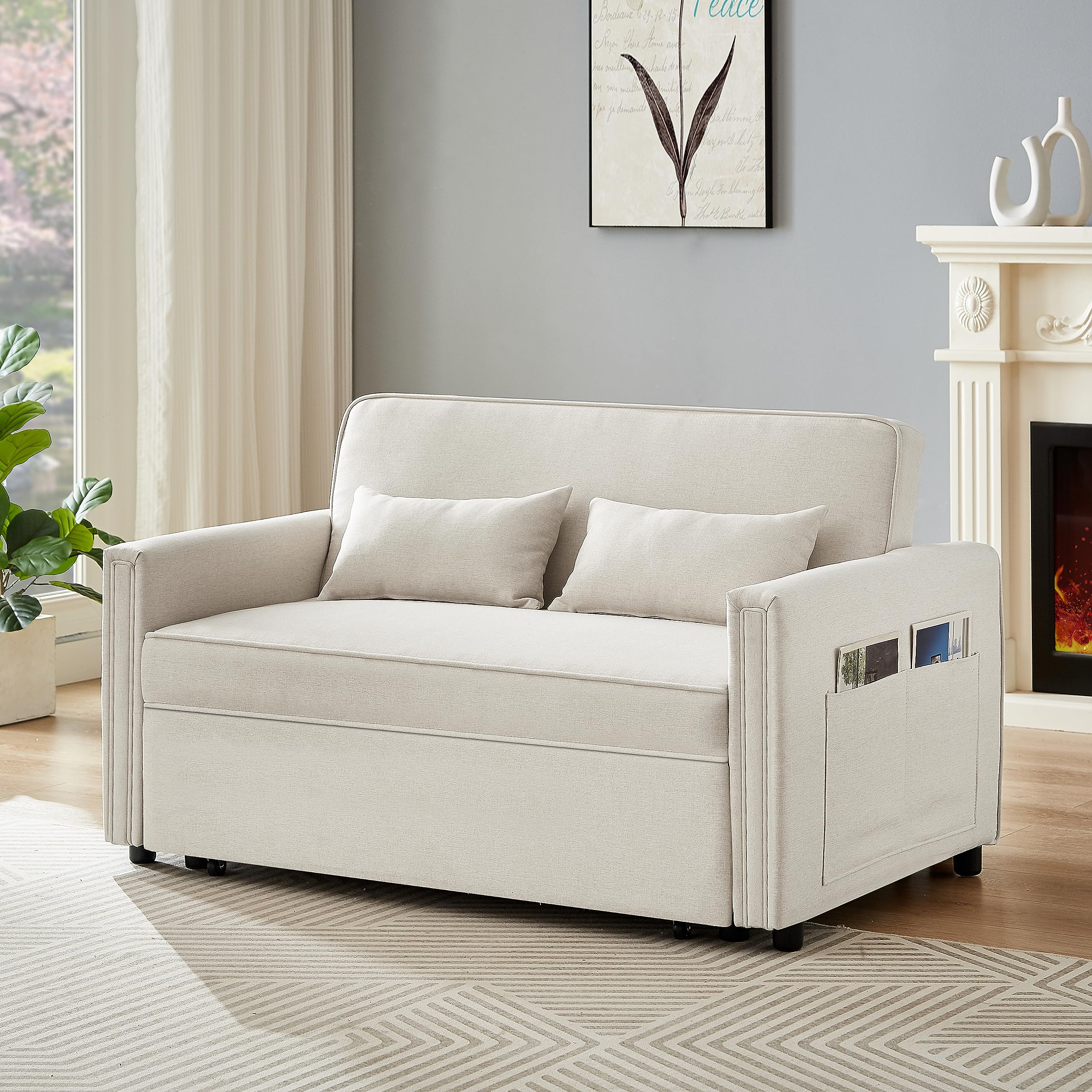 Eafurn 3 in 1 Convertible Loveseat Sofa with Pull Out Sleeper Bed, Small Love Seat Futon Couch Sofabed with Adjustable Backrest, Beige 46.46" w/ 2 Pillows and Side Pockets
