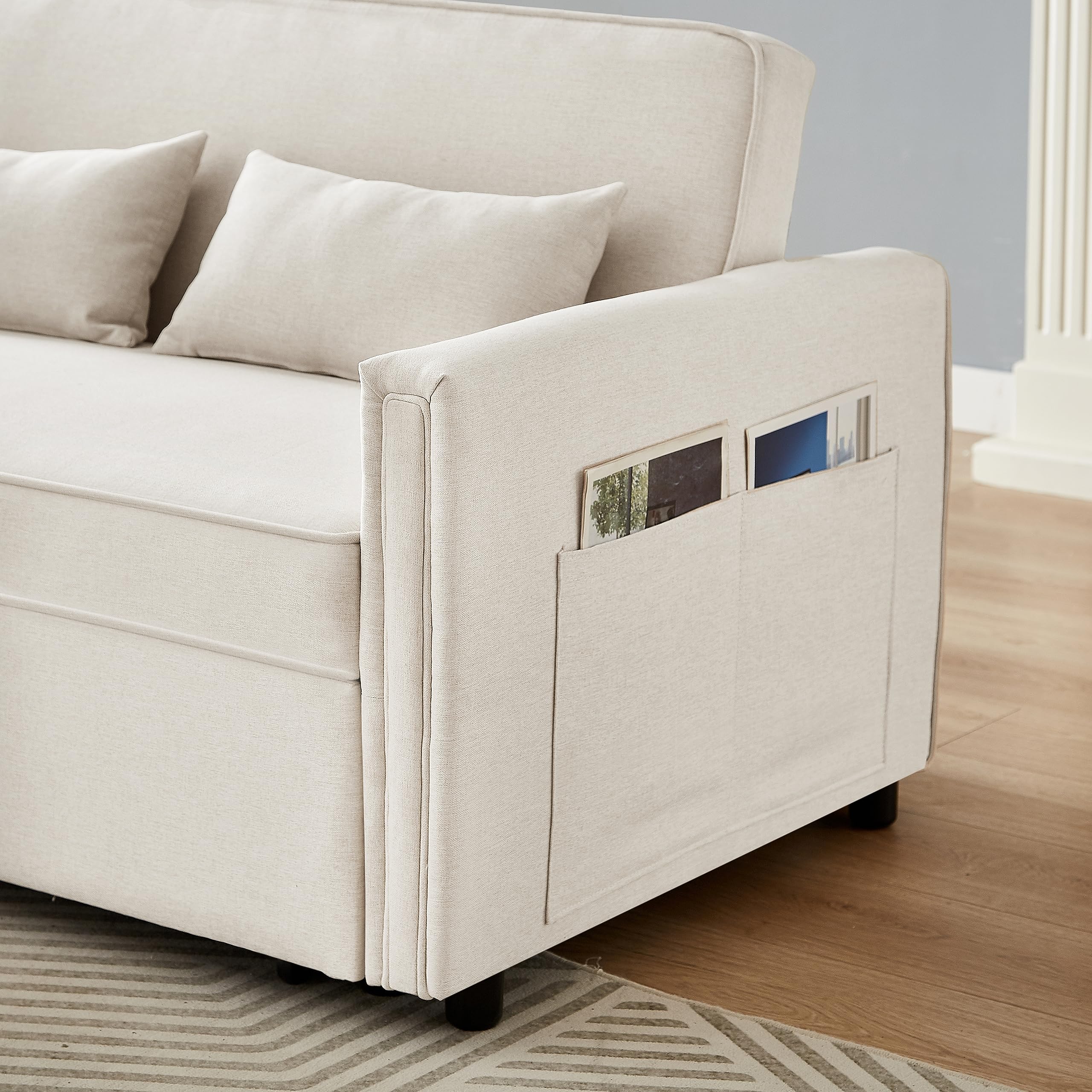 Eafurn 3 in 1 Convertible Loveseat Sofa with Pull Out Sleeper Bed, Small Love Seat Futon Couch Sofabed with Adjustable Backrest, Beige 46.46" w/ 2 Pillows and Side Pockets