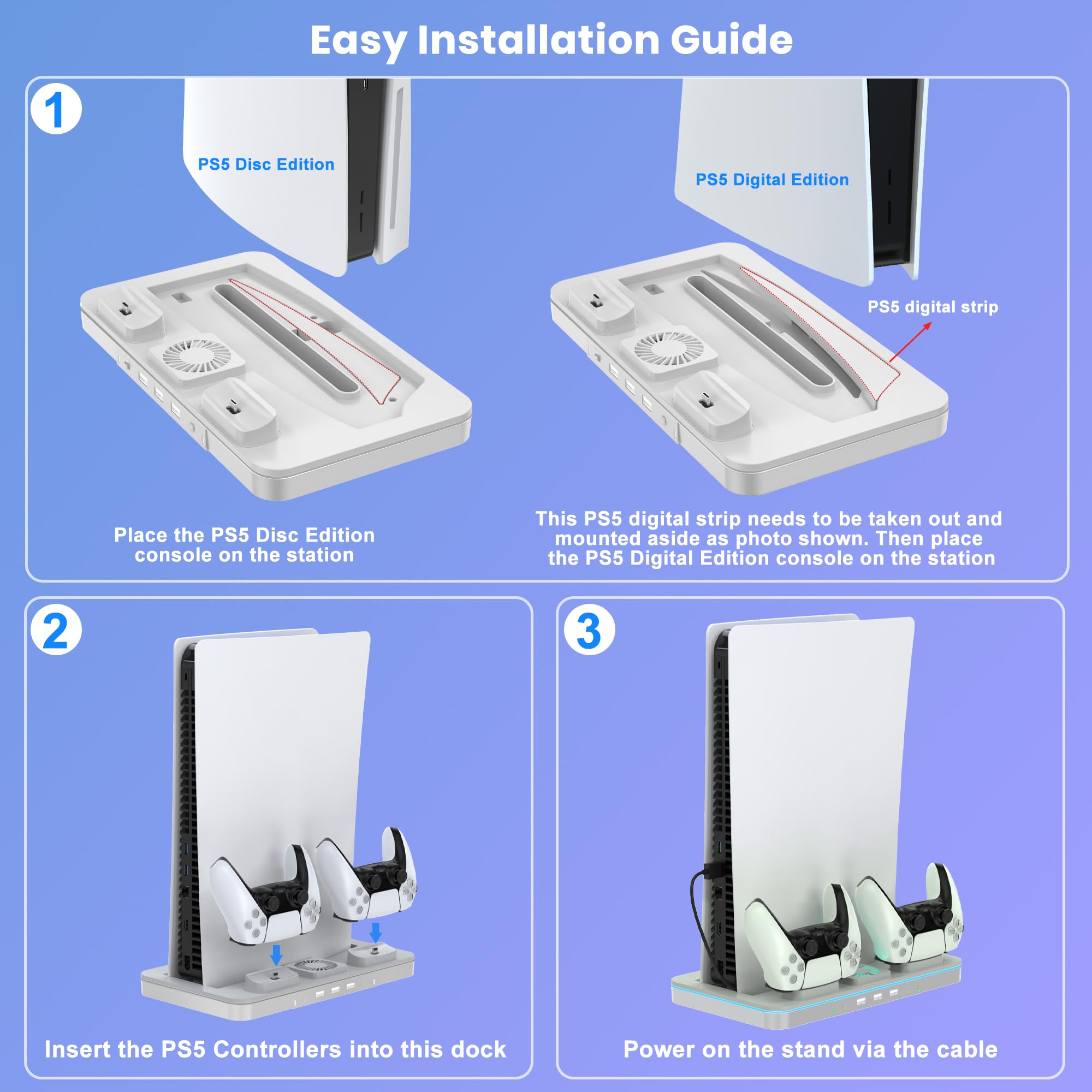 CODOGOY Upgraded PS5 Cooling Stand with Controller Charger, Cooling Station for PS5 Disc & Digital Editions, 2 Levels Adjustable Fans Speed, PS5 Charging Docking Station with 3 USB Ports (White)