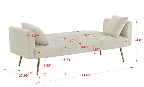 3 in 1 Loveseat Sofa Sleeper Couch Bed, 2 Seater Sofa & Couch Tufted Upholstered Adjustable Backrest Futon Convertible Sleep Daybed for Living Room Beige Velvet with 2 Pillows Metal Legs