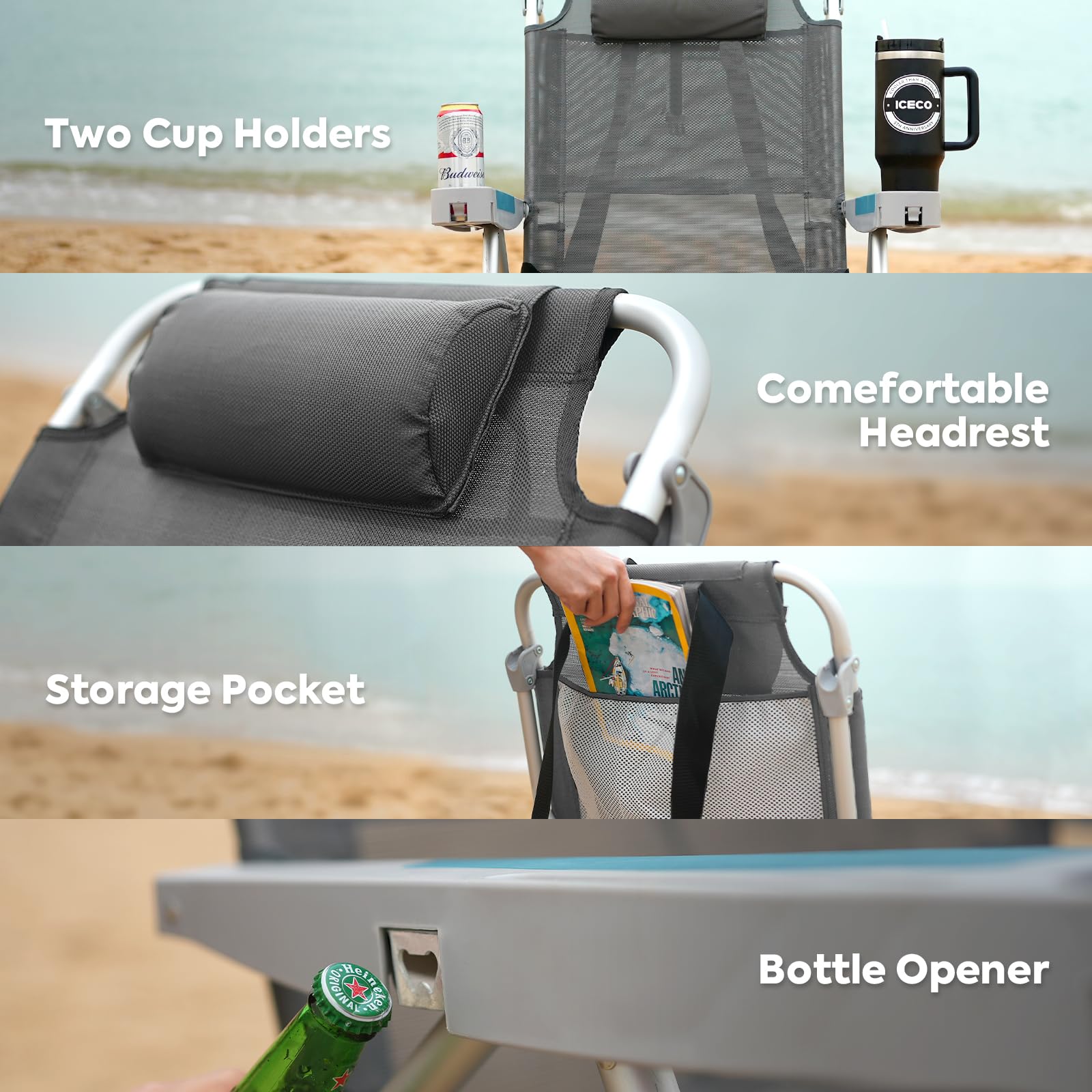 ICECO Backpacking Beach Chairs for Adults, 5 Positions Reclining Beach Chair, Heavy Duty Folding Beach Chairs, Portable Lay Flat Outdoor Chair with Cup Holder for Beach, Camping, Lawn, 350lb Capacity