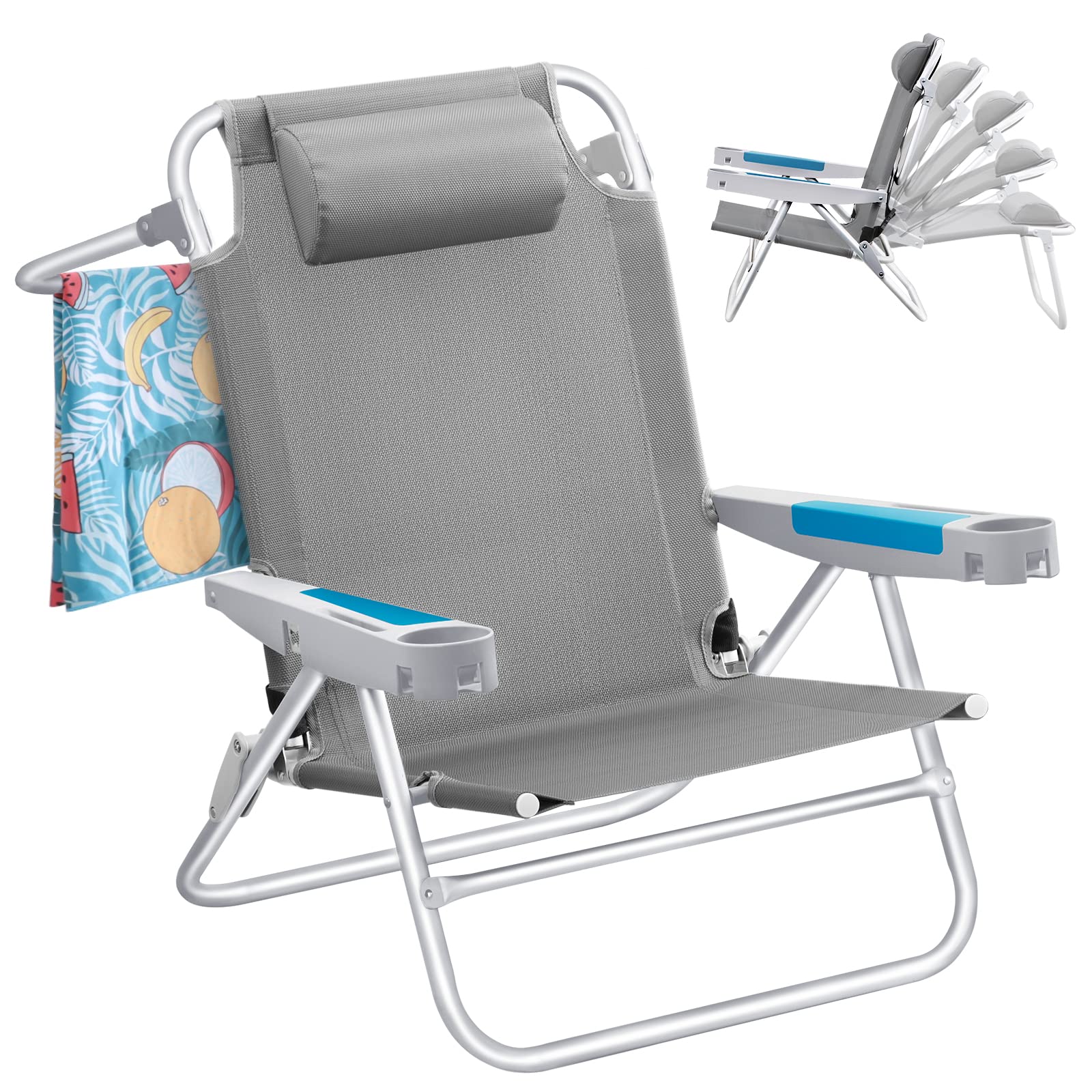 ICECO Backpacking Beach Chairs for Adults, 5 Positions Reclining Beach Chair, Heavy Duty Folding Beach Chairs, Portable Lay Flat Outdoor Chair with Cup Holder for Beach, Camping, Lawn, 350lb Capacity