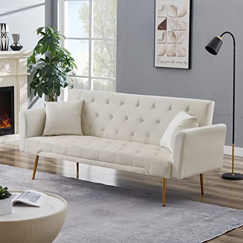 3 in 1 Loveseat Sofa Sleeper Couch Bed, 2 Seater Sofa & Couch Tufted Upholstered Adjustable Backrest Futon Convertible Sleep Daybed for Living Room Beige Velvet with 2 Pillows Metal Legs