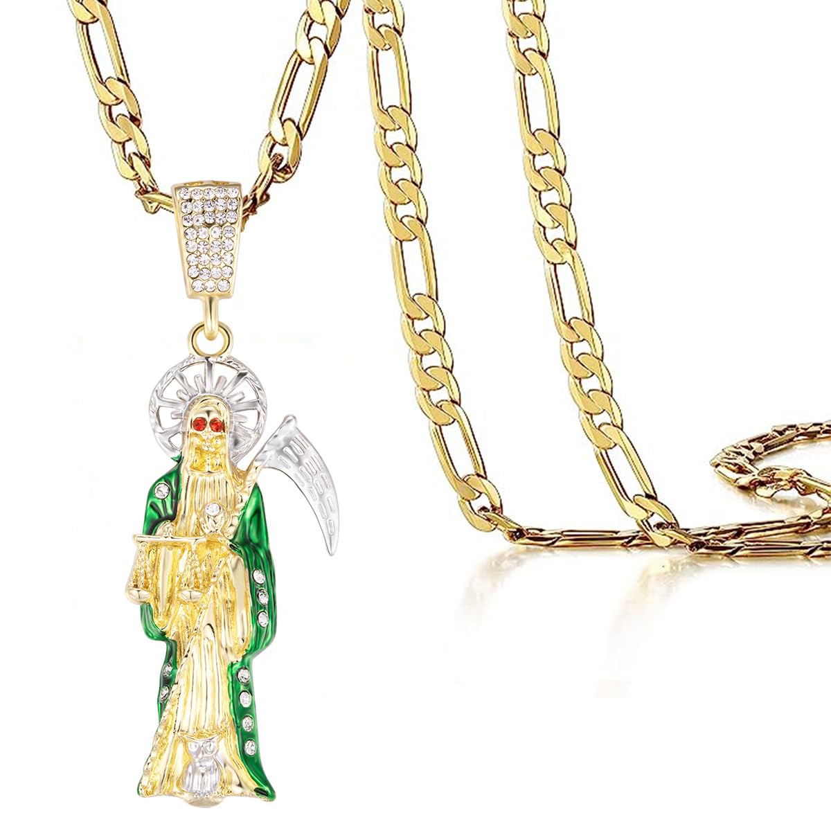 GXLYFG Santa Muerte Necklace Diamond 14K Gold Plated Santa Muerte Pendant Jewelry With Sickle Holiday Gift (Gold-255)