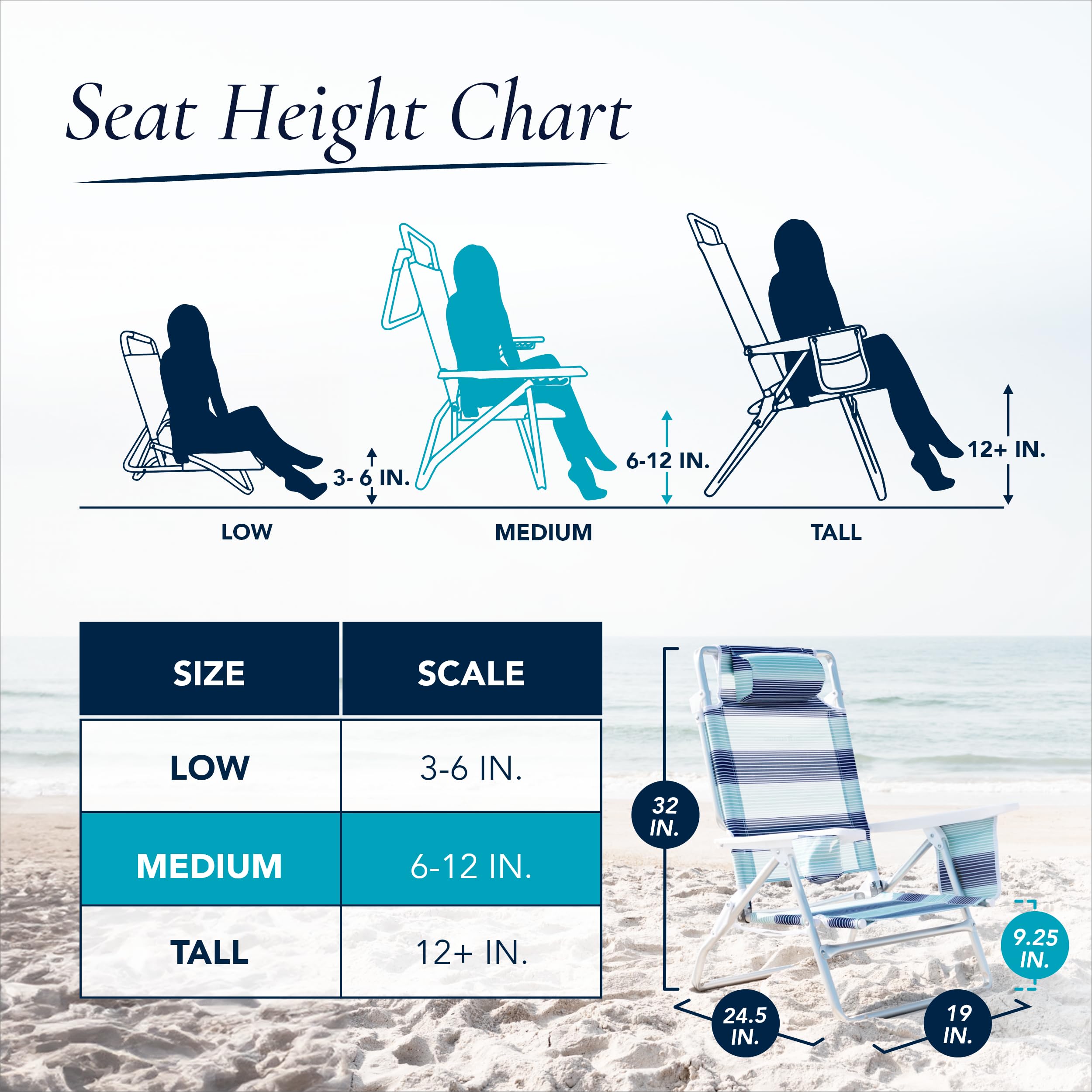 Caribbean Joe Folding Beach Chair, 5 Position Lightweight, Portable Reclining Outdoor Camping Chair with Headrest, Shoulder Strap, and Cup Holder, Horizon Stripe