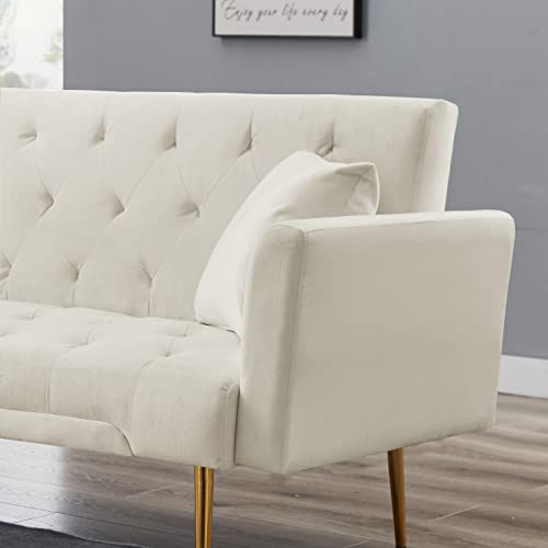 3 in 1 Loveseat Sofa Sleeper Couch Bed, 2 Seater Sofa & Couch Tufted Upholstered Adjustable Backrest Futon Convertible Sleep Daybed for Living Room Beige Velvet with 2 Pillows Metal Legs