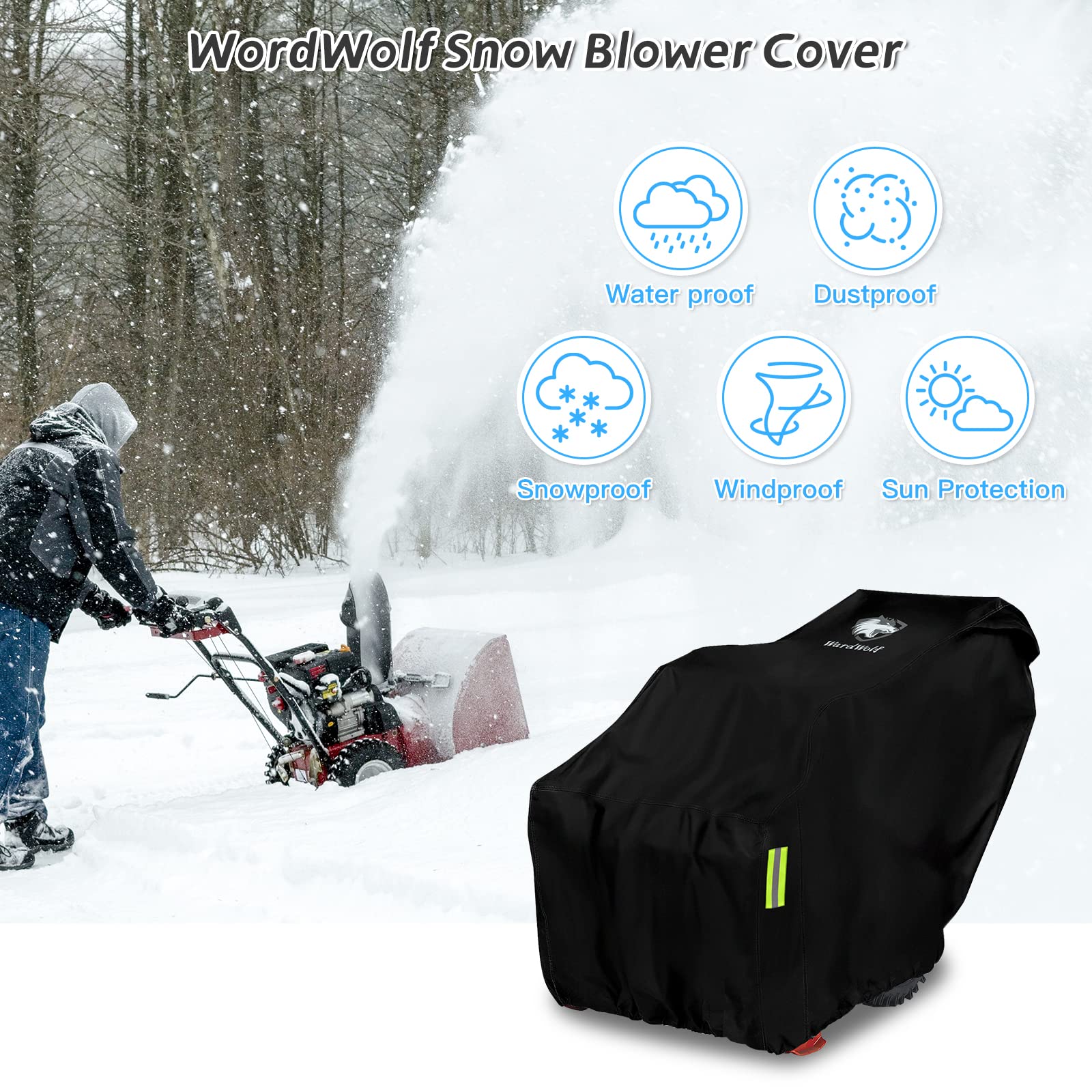 WardWolf Snow Blower Cover, Fit Most Electric Two Stage Snowblowers, 600D Heavy Duty Universal Snow Thrower Cover Waterproof, Windproof, Sunproof with Air Vent and Buckle Strap, Black