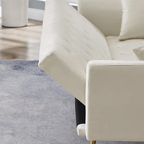 3 in 1 Loveseat Sofa Sleeper Couch Bed, 2 Seater Sofa & Couch Tufted Upholstered Adjustable Backrest Futon Convertible Sleep Daybed for Living Room Beige Velvet with 2 Pillows Metal Legs