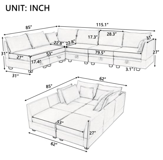 WILLIAMSPACE 115" Sectional Sofa Couch with Storage for Living Room, Modern Corner L-Shaped Sofa 6 Seater Couch, Modular Convertible Sofa Bed with Reversible Chaise for Home Office (Light Green)