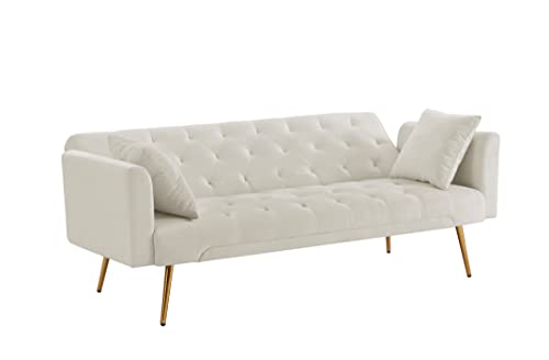 3 in 1 Loveseat Sofa Sleeper Couch Bed, 2 Seater Sofa & Couch Tufted Upholstered Adjustable Backrest Futon Convertible Sleep Daybed for Living Room Beige Velvet with 2 Pillows Metal Legs