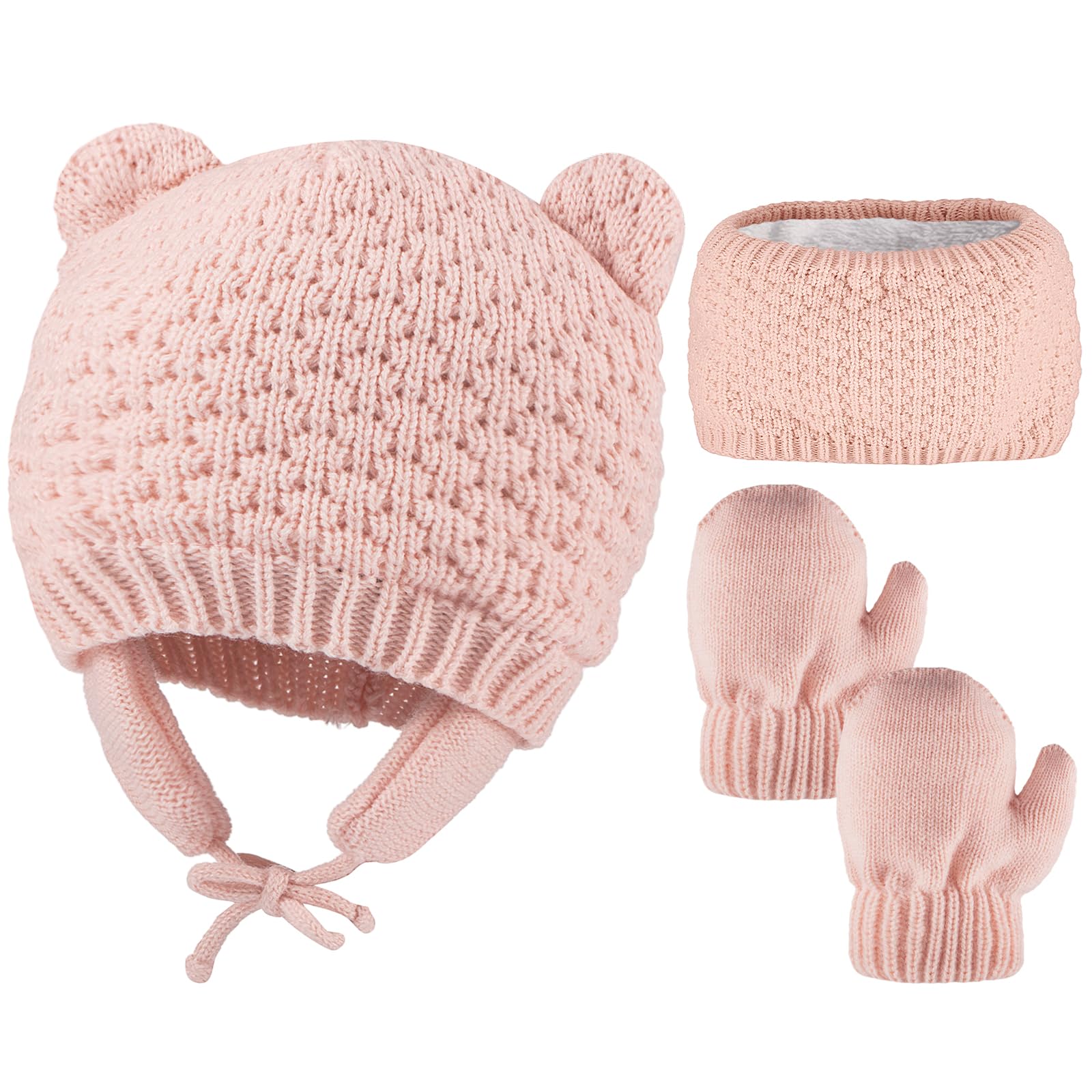 Breathffy Baby Winter Hats Warm Knitted Baby Scarf Glove Beanie Set Soft and Warm Toddler Hat and Glove Set for Girls Newborn Infant Winter Warm Accessories (Pink)