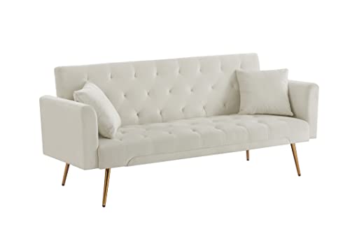 3 in 1 Loveseat Sofa Sleeper Couch Bed, 2 Seater Sofa & Couch Tufted Upholstered Adjustable Backrest Futon Convertible Sleep Daybed for Living Room Beige Velvet with 2 Pillows Metal Legs