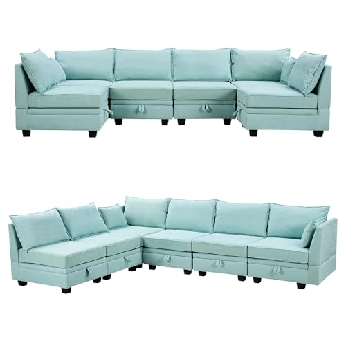 WILLIAMSPACE 115" Sectional Sofa Couch with Storage for Living Room, Modern Corner L-Shaped Sofa 6 Seater Couch, Modular Convertible Sofa Bed with Reversible Chaise for Home Office (Light Green)