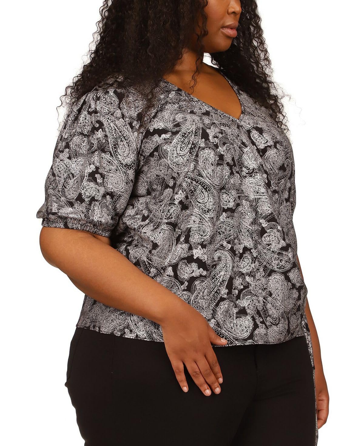 Michael Michael Kors Women’s Plus Size Metallic Paisley-Print Wrap Top Black/Silver 2X