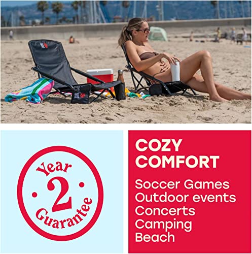 POP The Hot Seat, Heated Lightweight Folding Low Beach Chair, 2 Zipper Pockets, Padded Armrests, Portable with Carry Bag, Perfect for Camping, Beach, Soccer and Lawns. (Battery NOT Included)