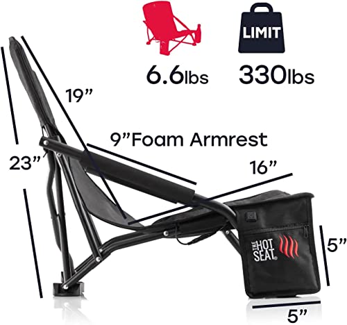 POP The Hot Seat, Heated Lightweight Folding Low Beach Chair, 2 Zipper Pockets, Padded Armrests, Portable with Carry Bag, Perfect for Camping, Beach, Soccer and Lawns. (Battery NOT Included)