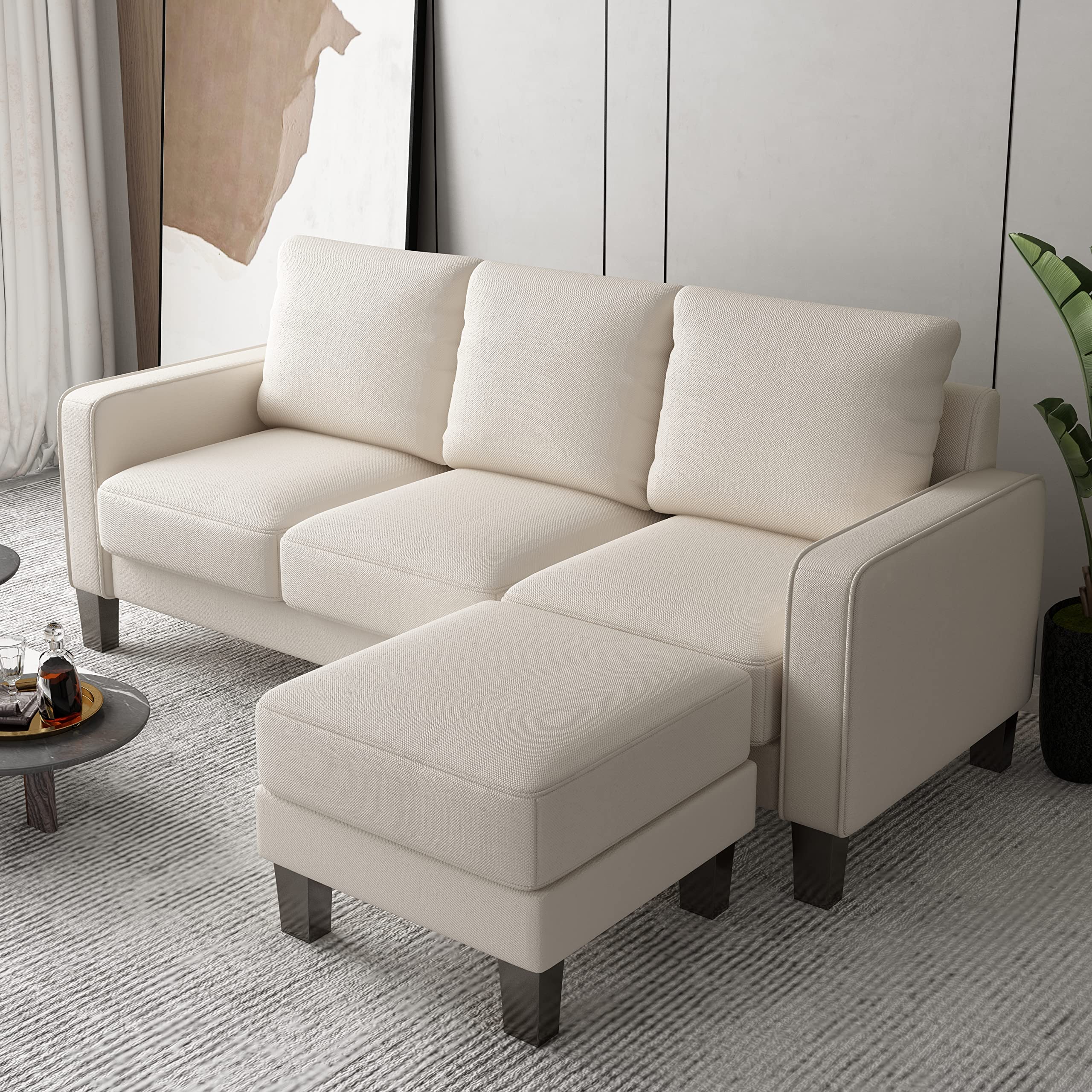 Myshle Convertible L-Shape Sofa with Storage Space, Upholstered Sleeper Sofa Couch with Square Arm,Bedroom,Relax Lounge,Office,Waiting Room, 4-Seater, Polyester, Beige