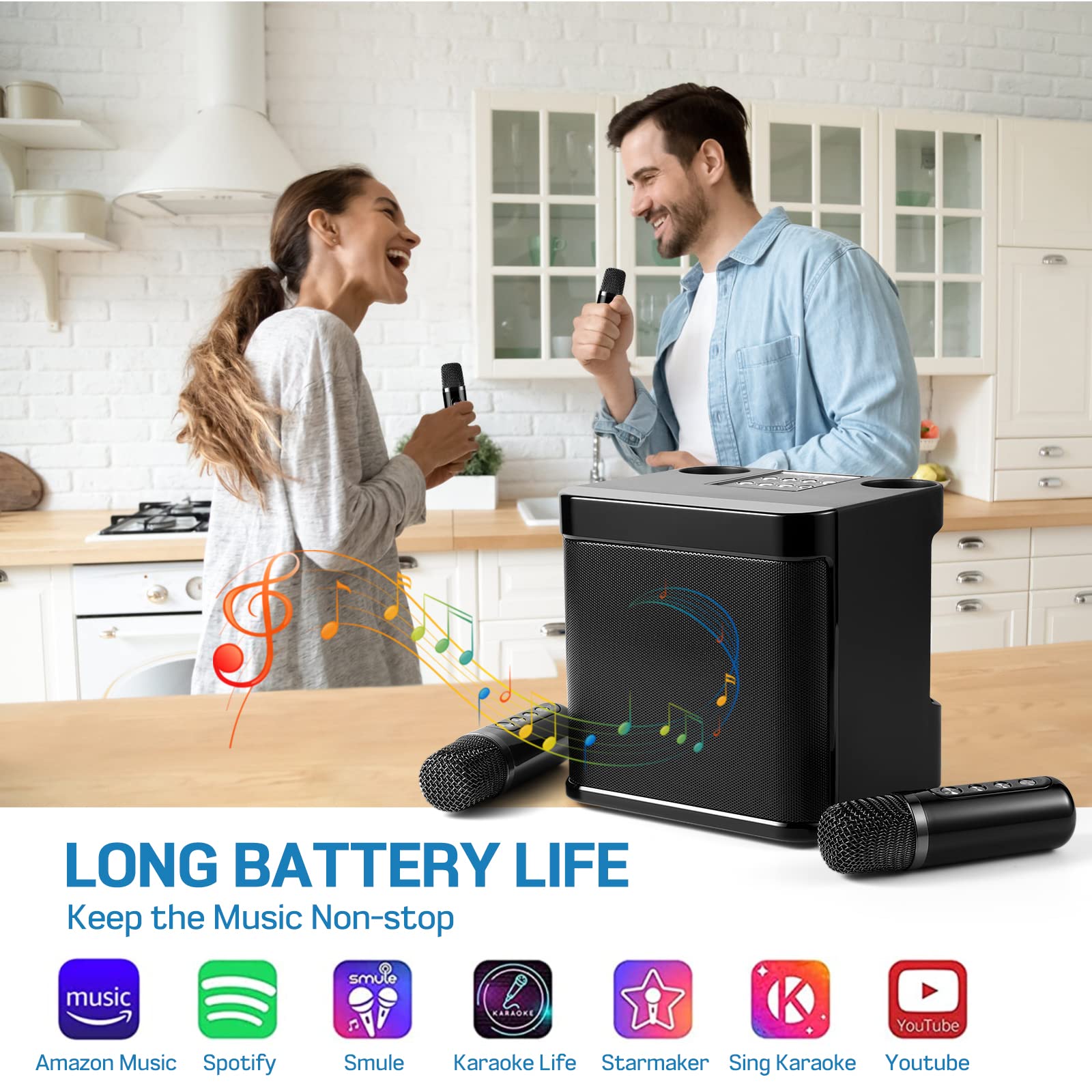 Wireless Karaoke Machine with 2 Microphones - Multifunctional Portable Mini Karaoke Machine, Karaoke Speaker Supports Bluetooth/USB/Aux/TF for Kids, Adults, Family, Party, Gift (Black)